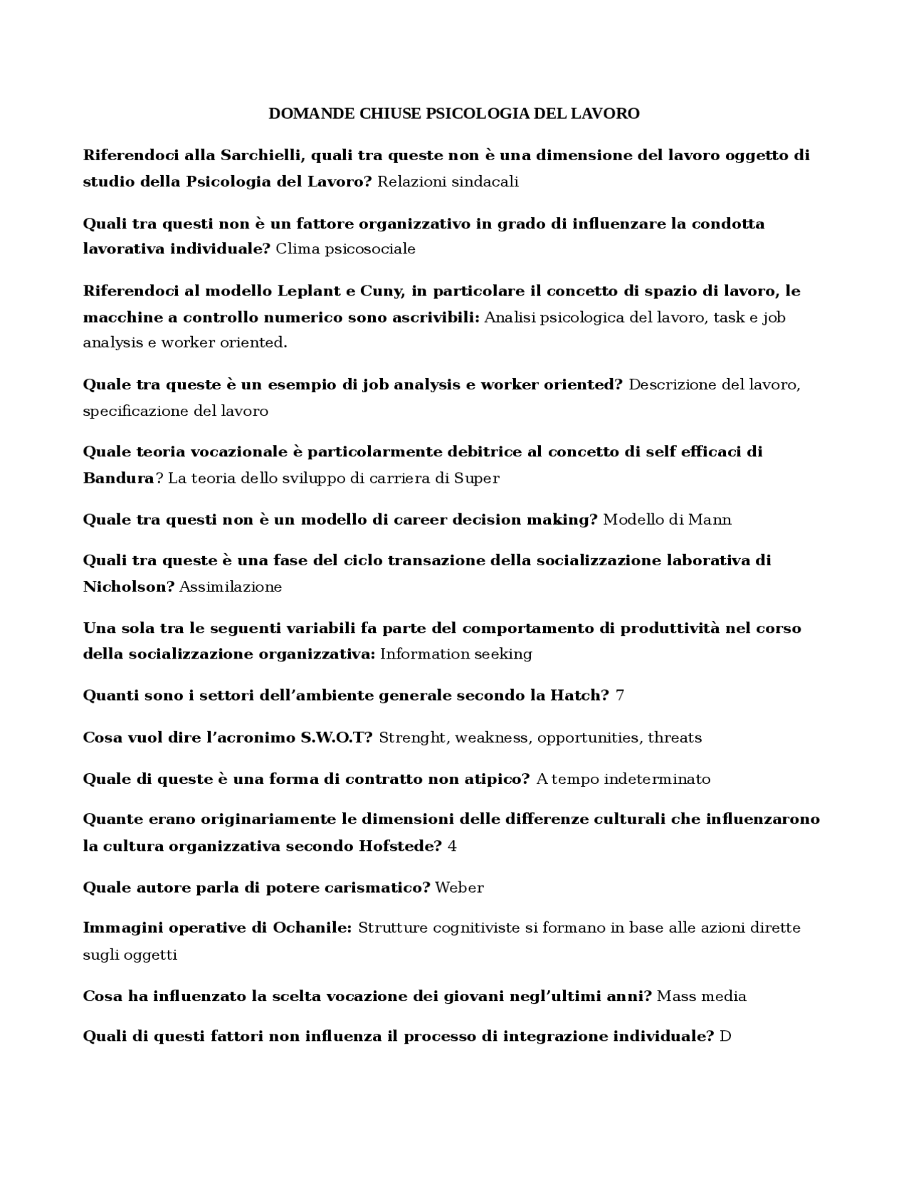 Psicologia Del Lavoro Domande Chiuse Docsity