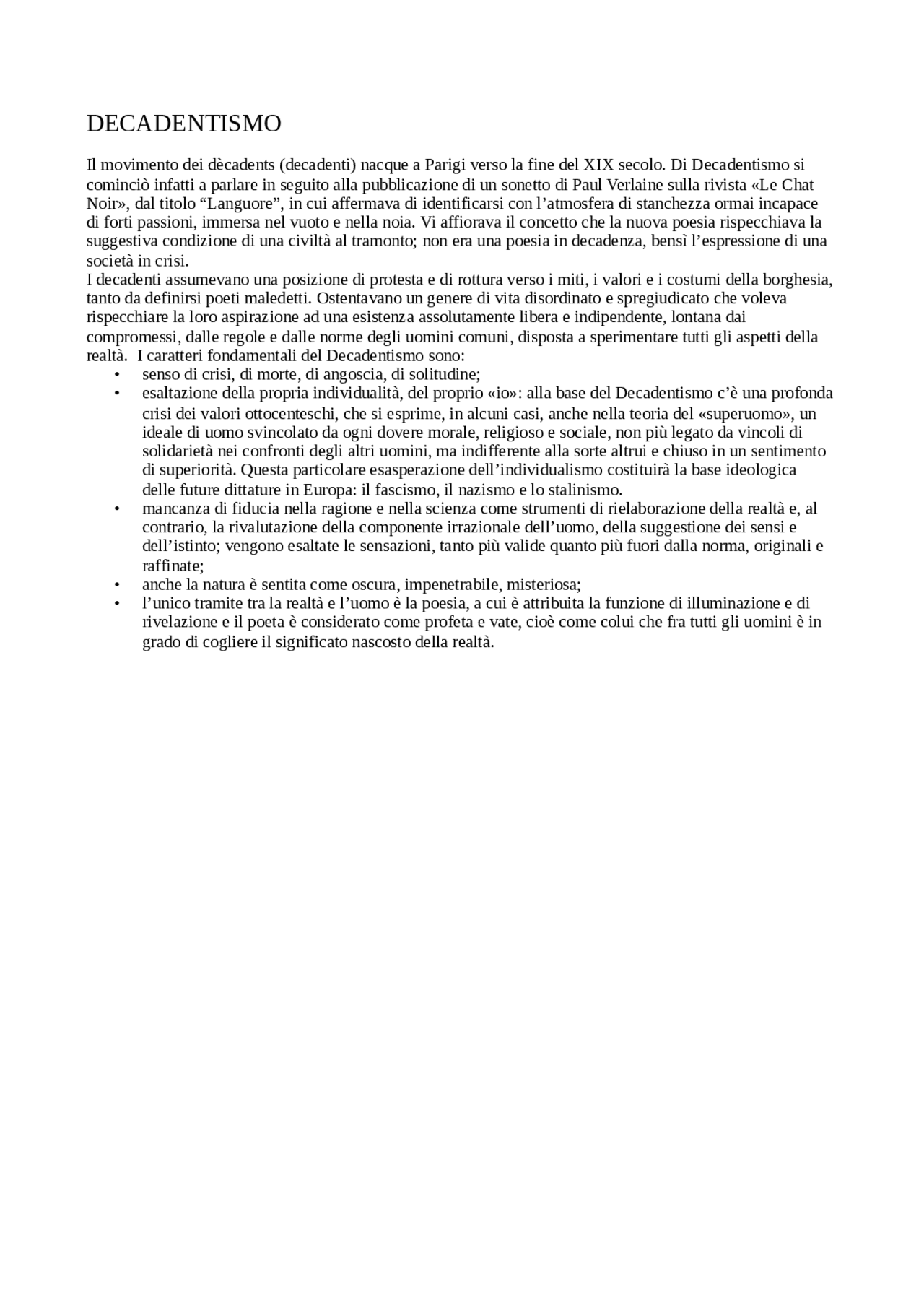 Nascita E Sviluppo Del Decadentismo Docsity