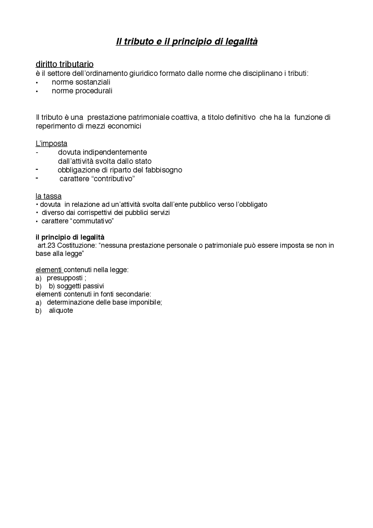 Il tributo e il principio di legalità - Docsity