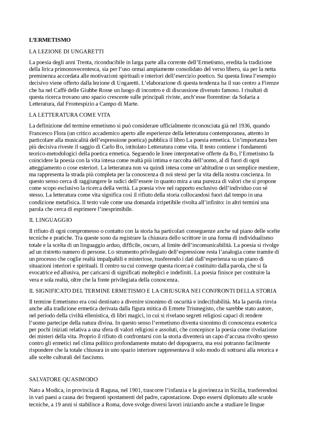 Ermetismo E Quasimodo Sintesi Del Corso Di Italiano Docsity
