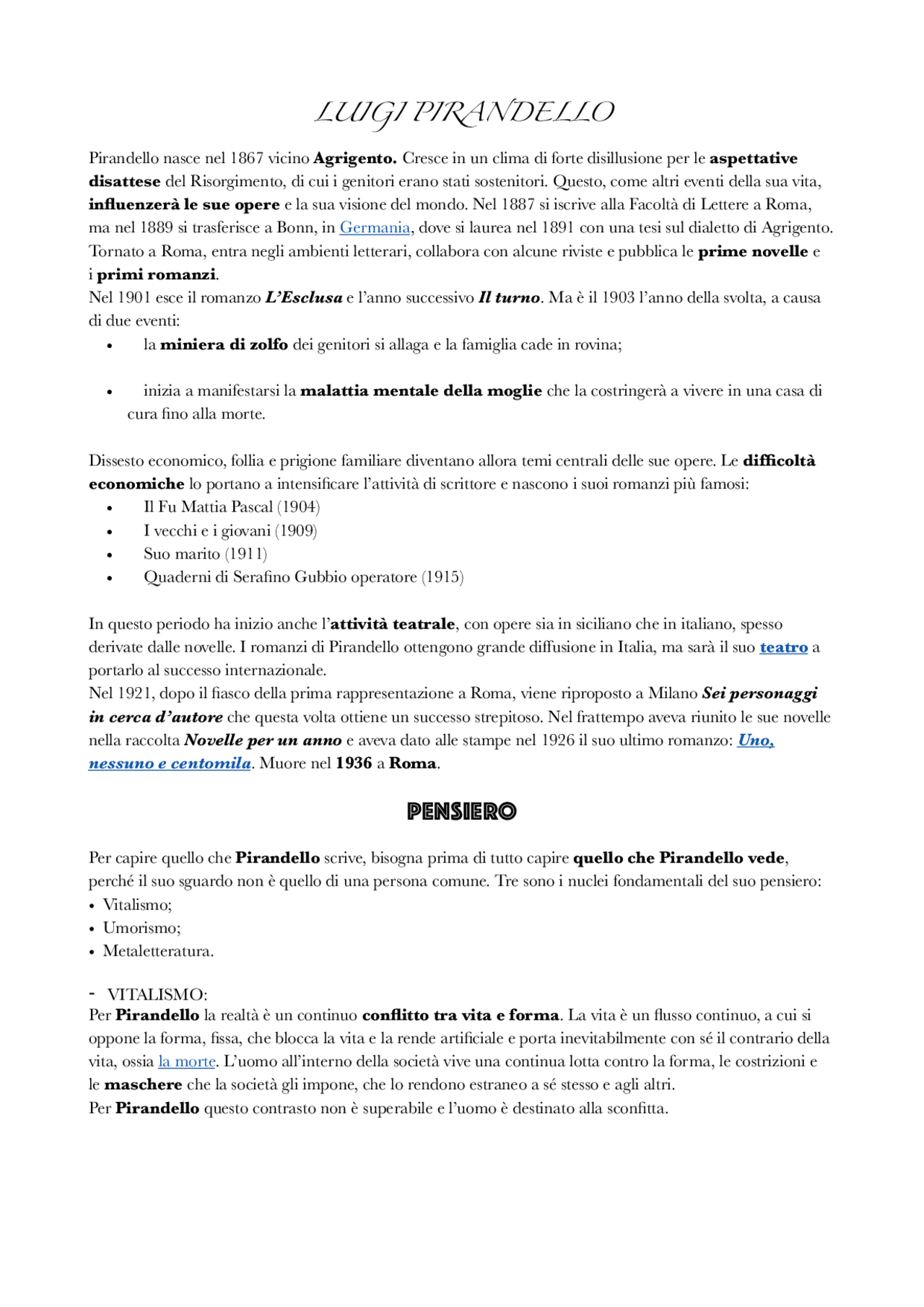 Vita E Opere Di Pirandello Docsity