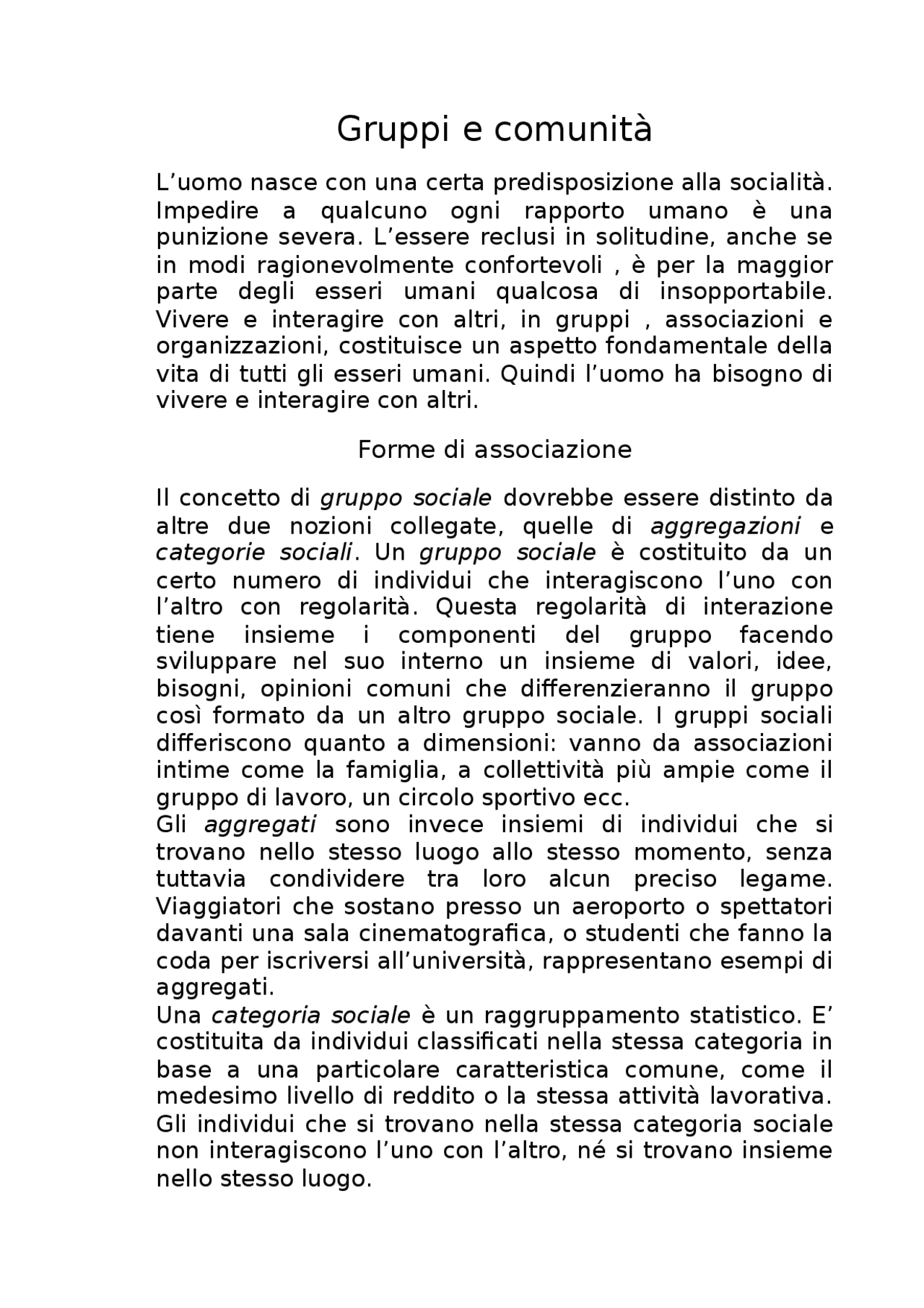 I Gruppi Sociali E Le Comunità Docsity