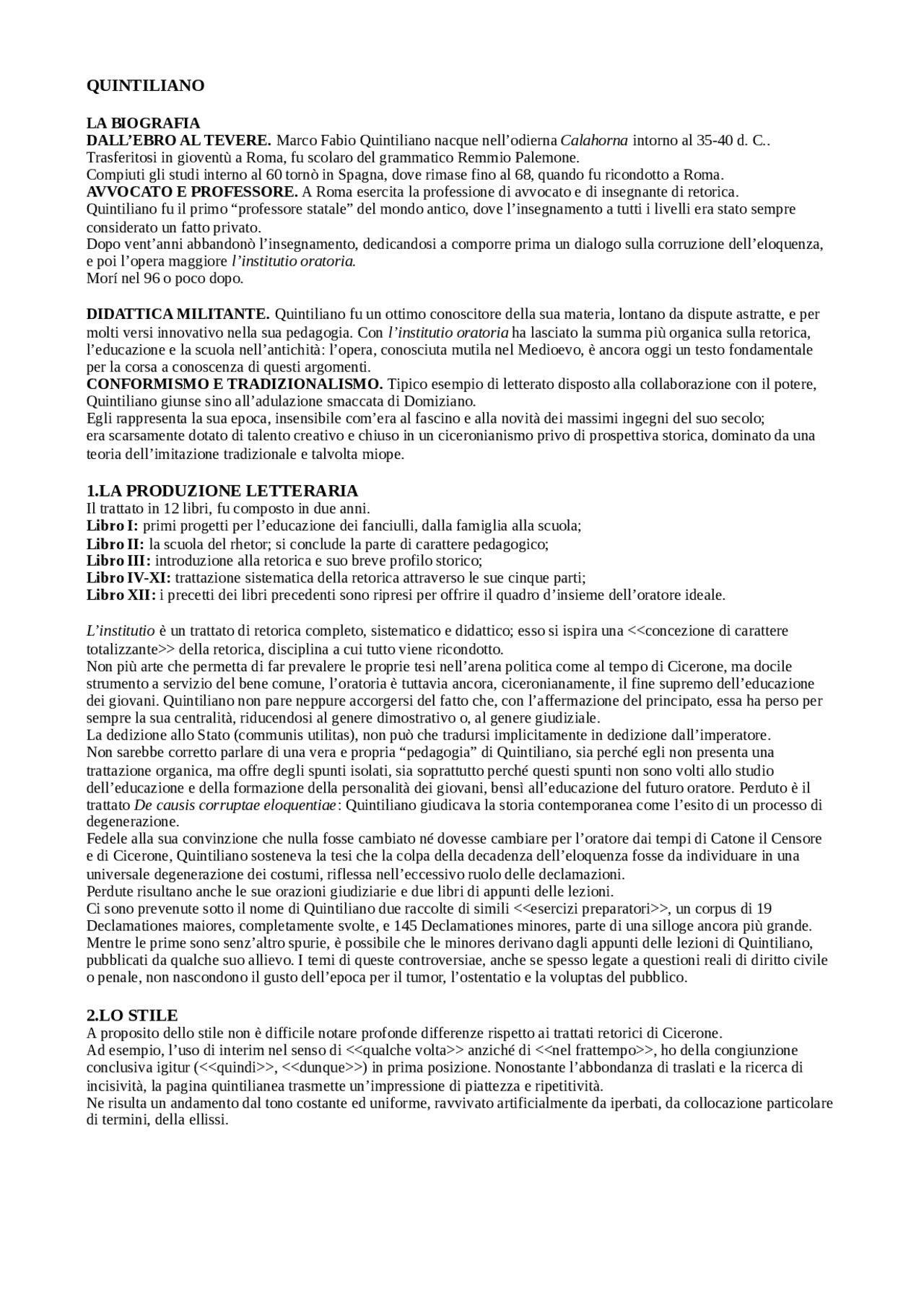 Letteratura latina - Quintiliano - Docsity