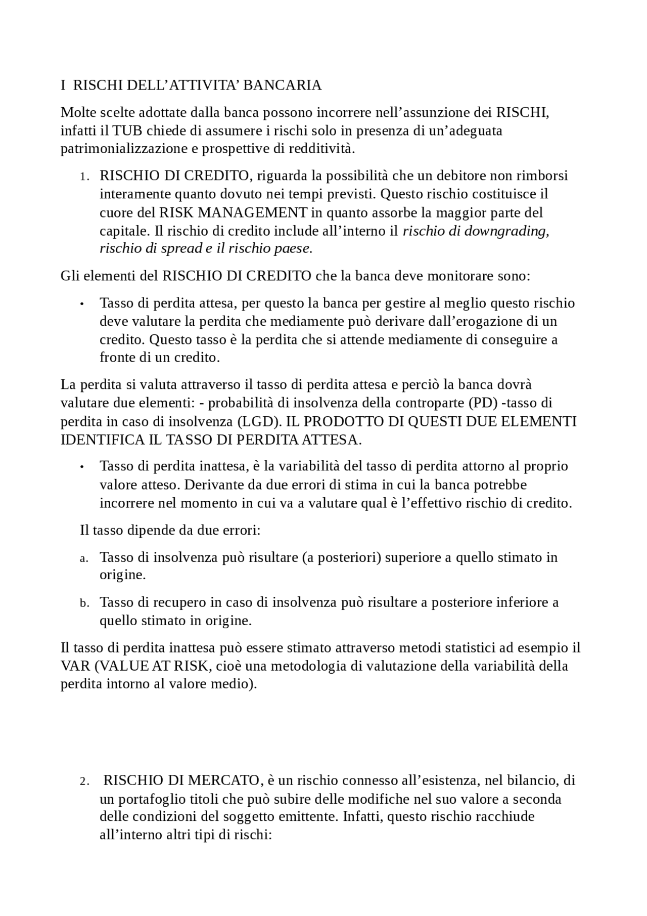 I RISCHI DELL'ATTIVITà BANCARIA | Appunti di Economia degli Intermediari Finanziari | Docsity