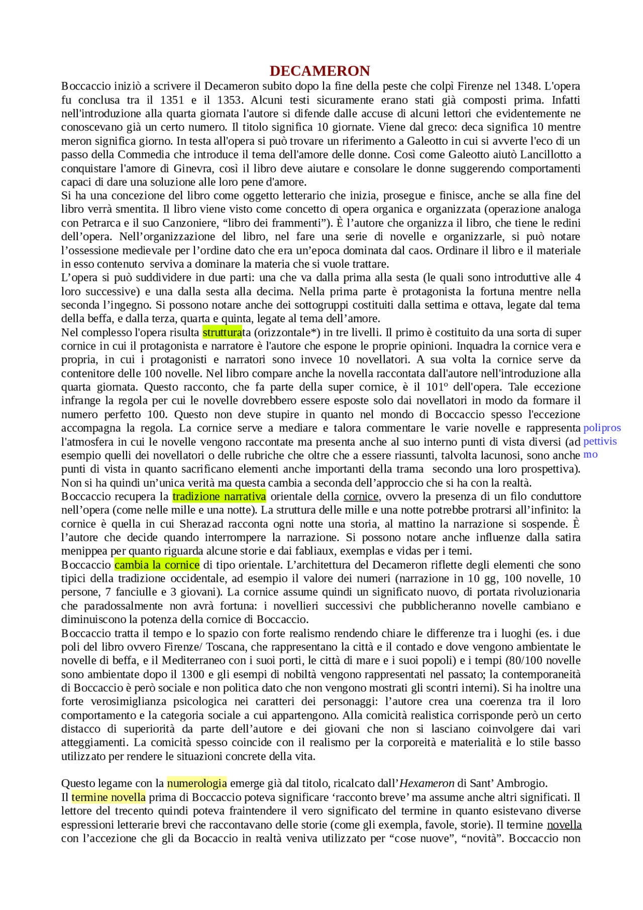 Decameron Analisi e sintesi | Appunti di Letteratura Italiana - Docsity