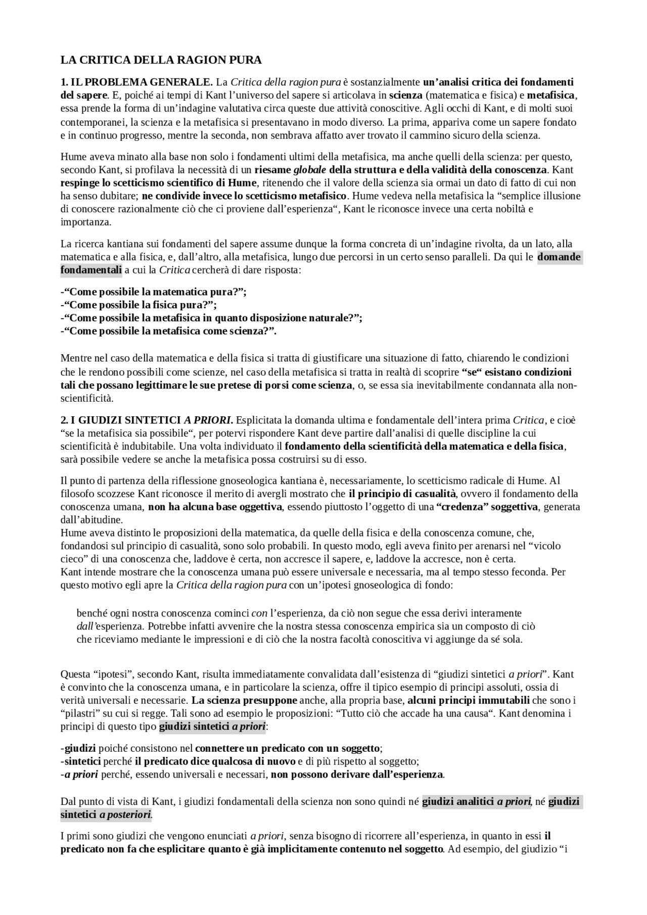 Kant La Critica Della Ragion Pura Docsity