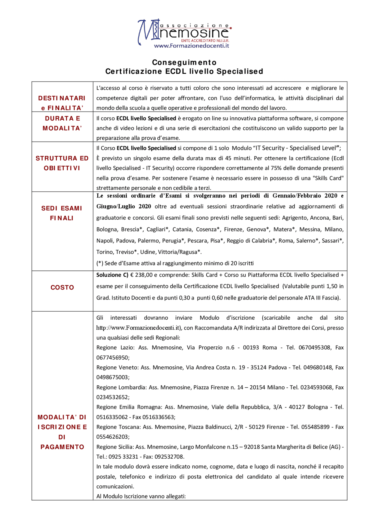 Scheda Sintetica Test Docsity