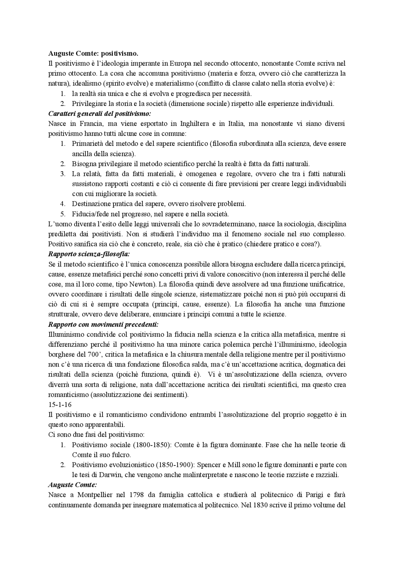 Comte Positivismo Appunti Presi In Clasee Docsity