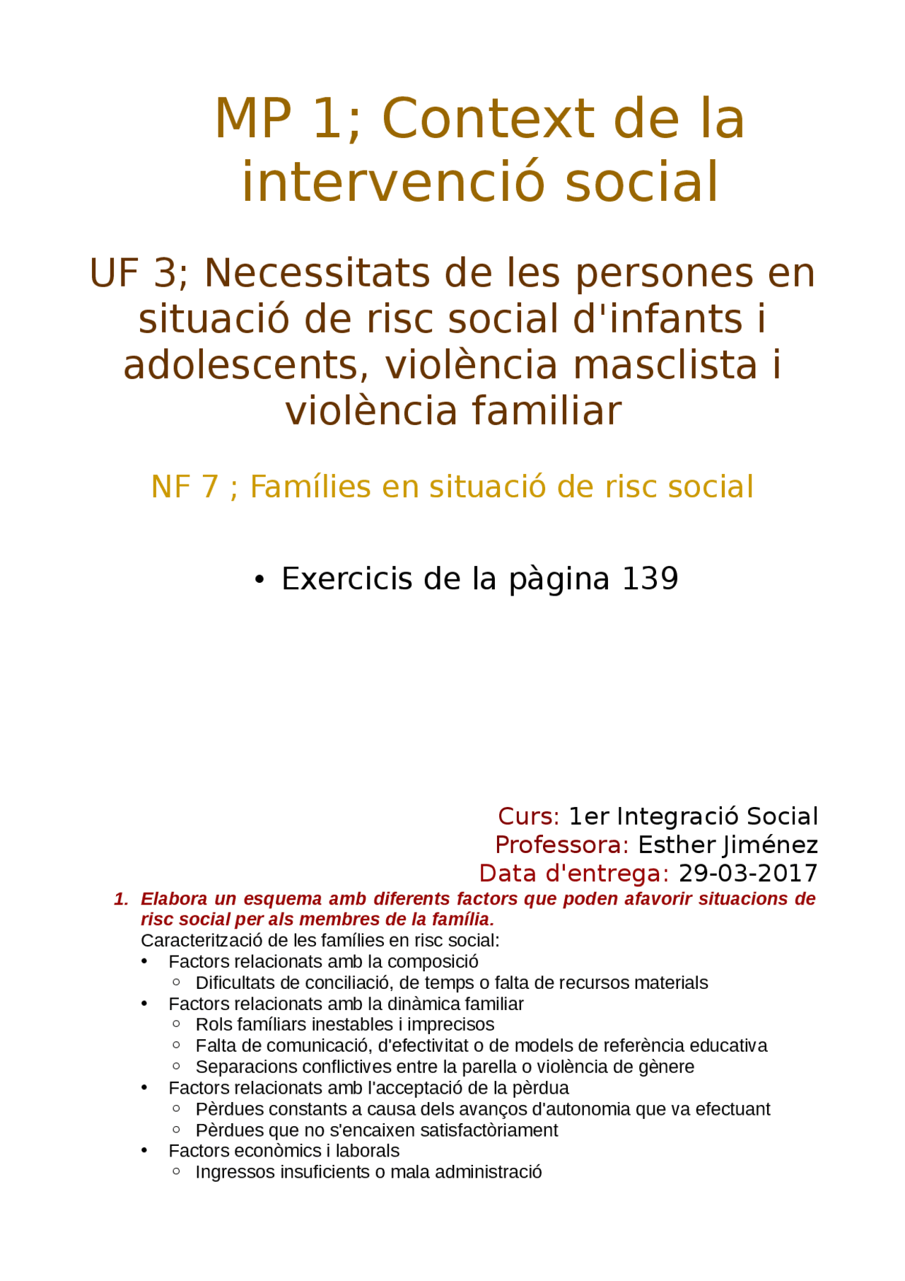 Nf7 Famílies En Situació De Risc Social Ejercicios De Teoría Social