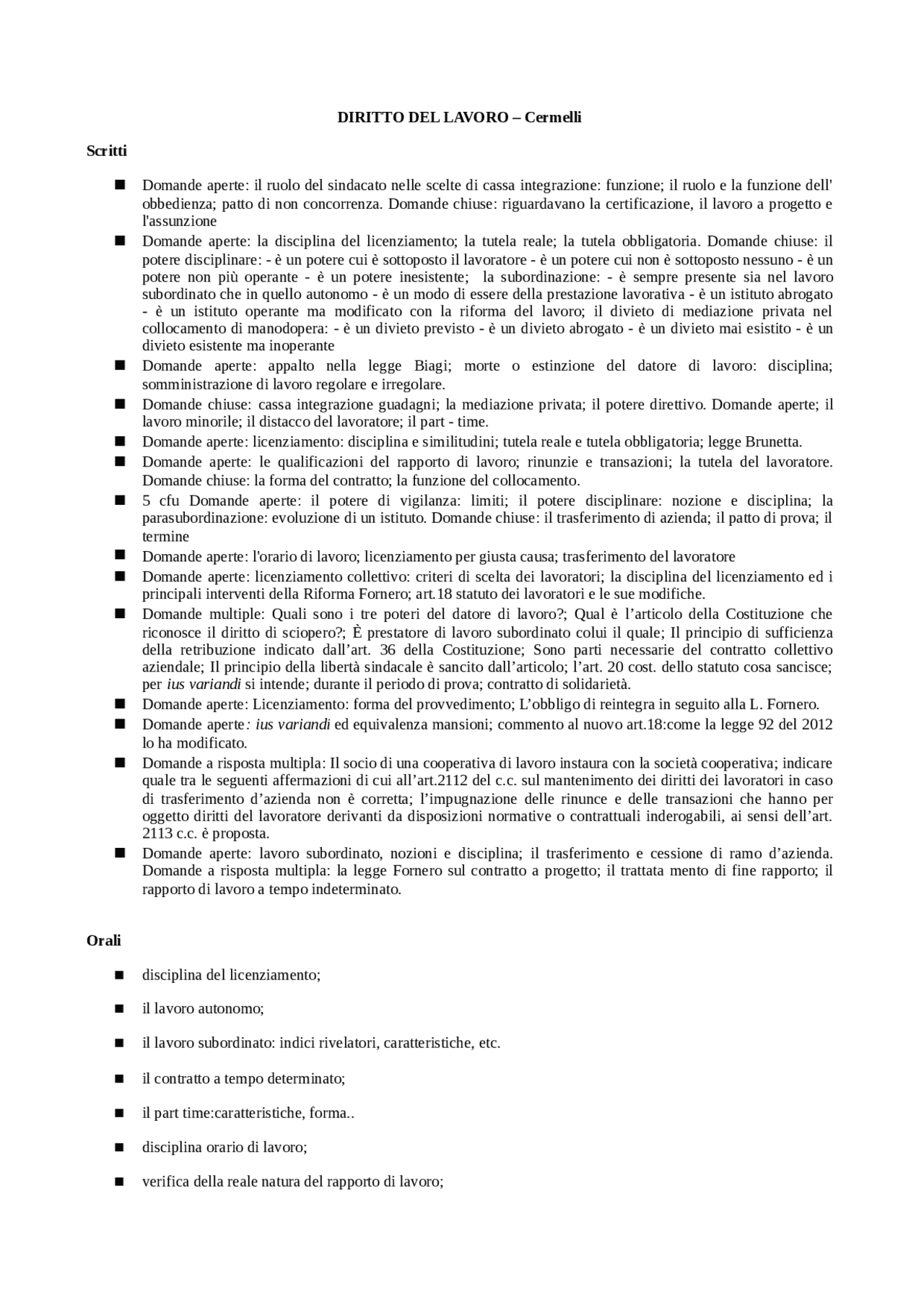 Diritto Del Lavoro Unicusano Prove Desame Di Diritto Del Lavoro