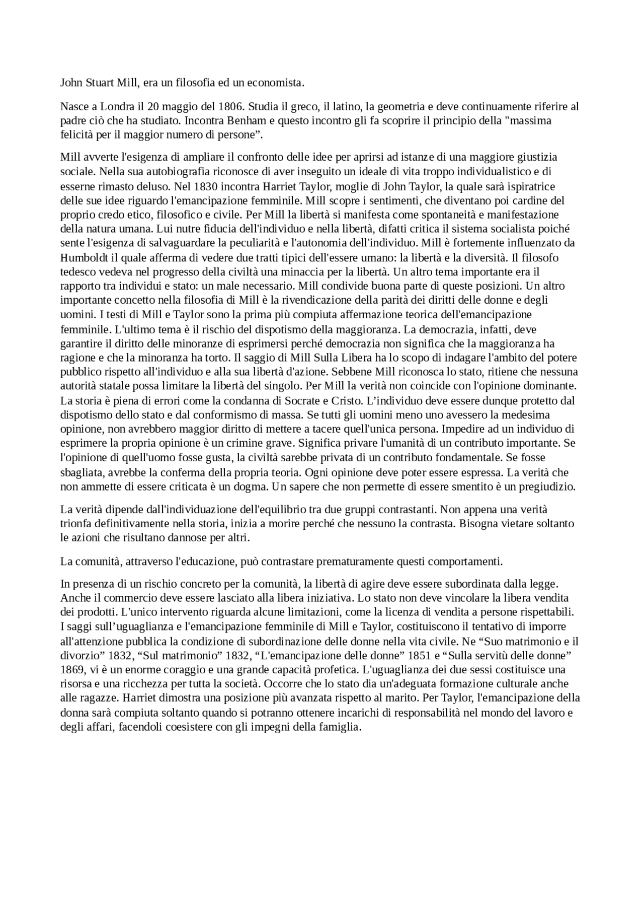 John Stuart Mill Riassunto Docsity