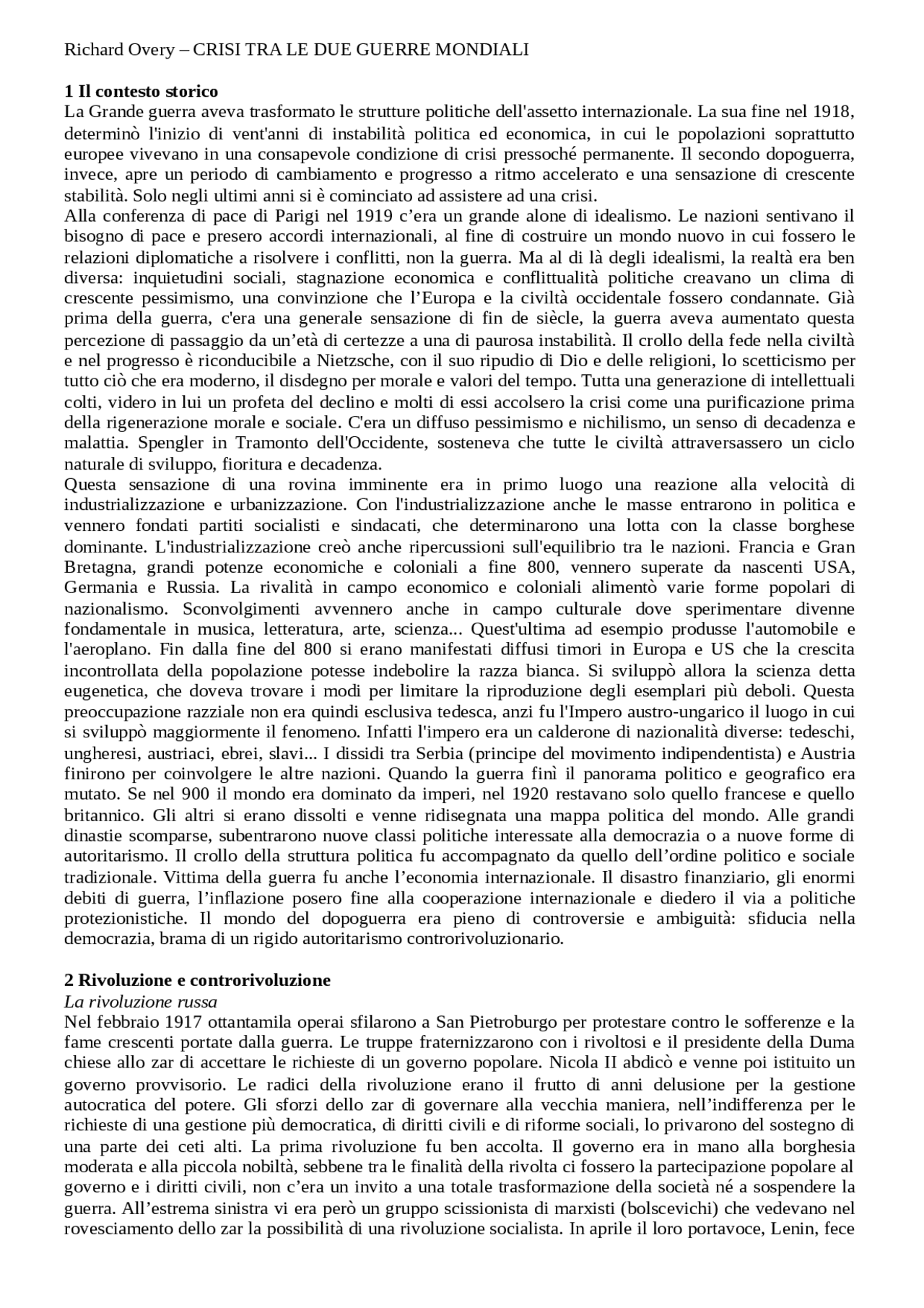 Richard Overy Crisi Tra Le Due Guerre Mondiali Docsity