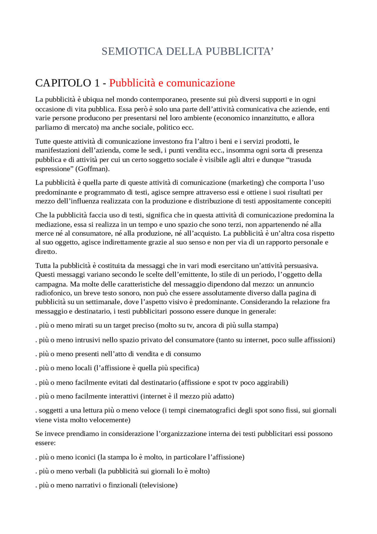 Riassunto Semiotica Della Pubblicità Docsity
