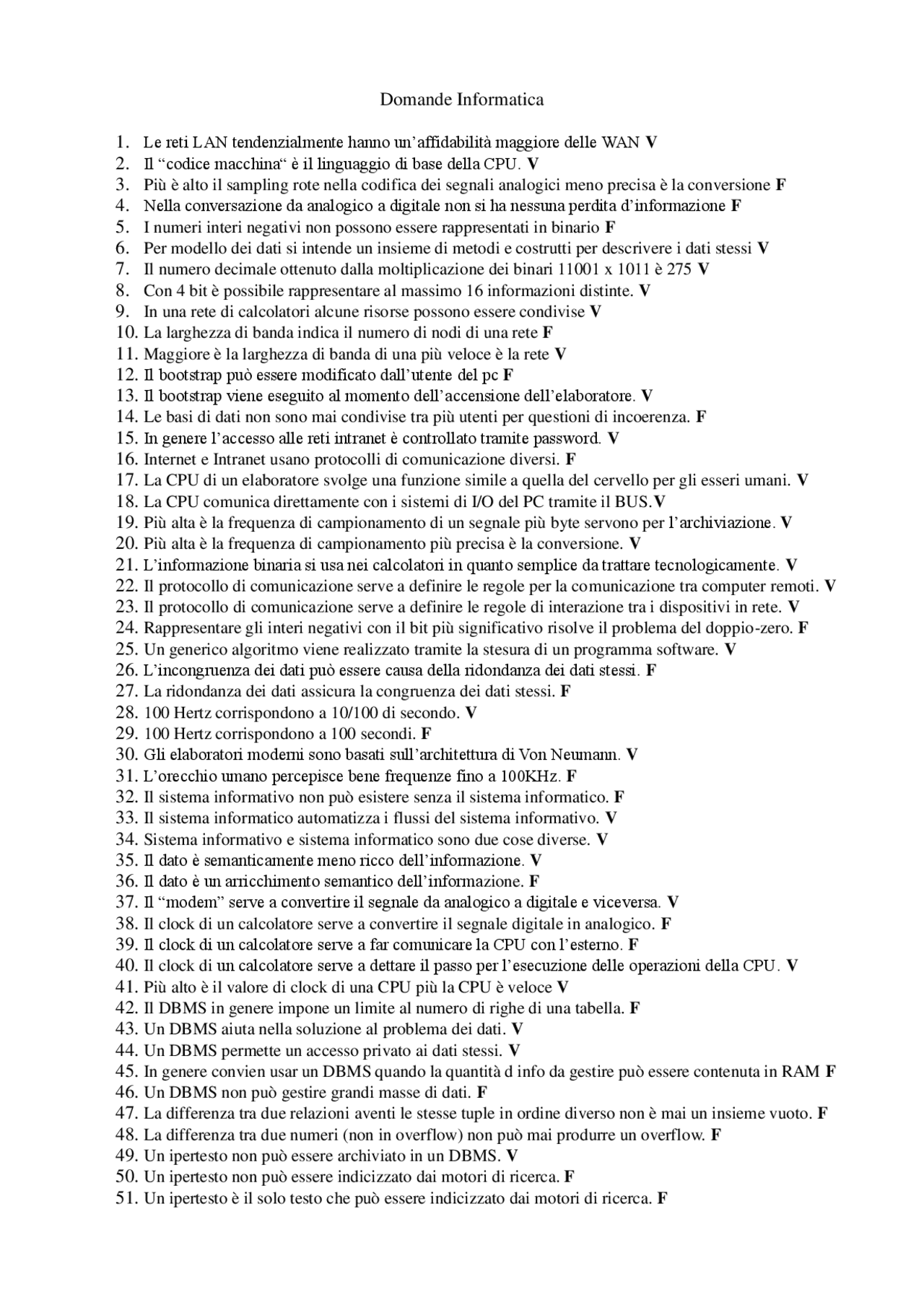 Quiz Esame Informatica Prove Desame Di Elementi Di Informatica Docsity