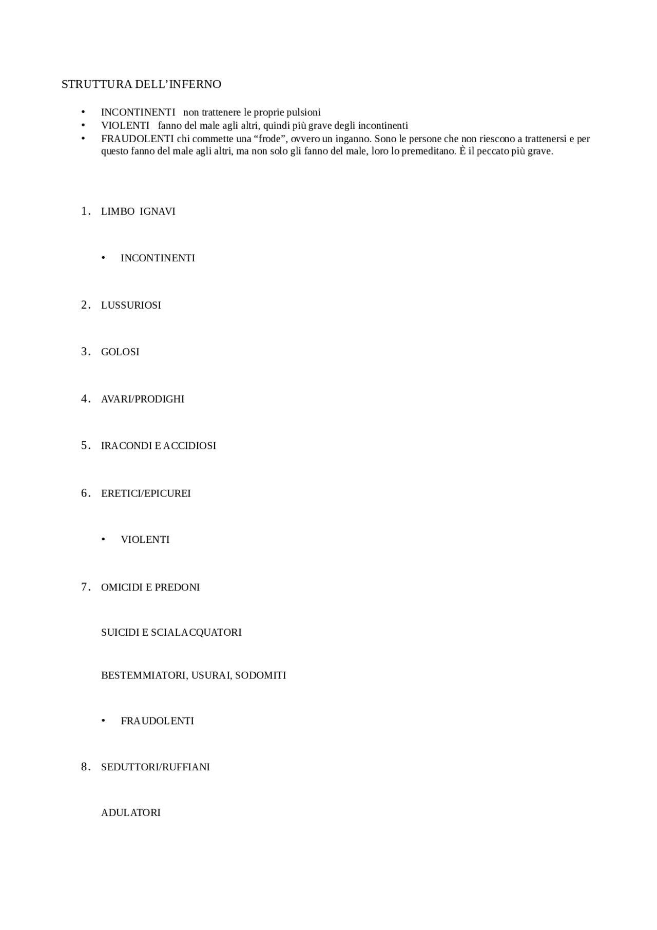 SCHEMA SU GIRONI DELL'INFERNO DI DANTE - Docsity