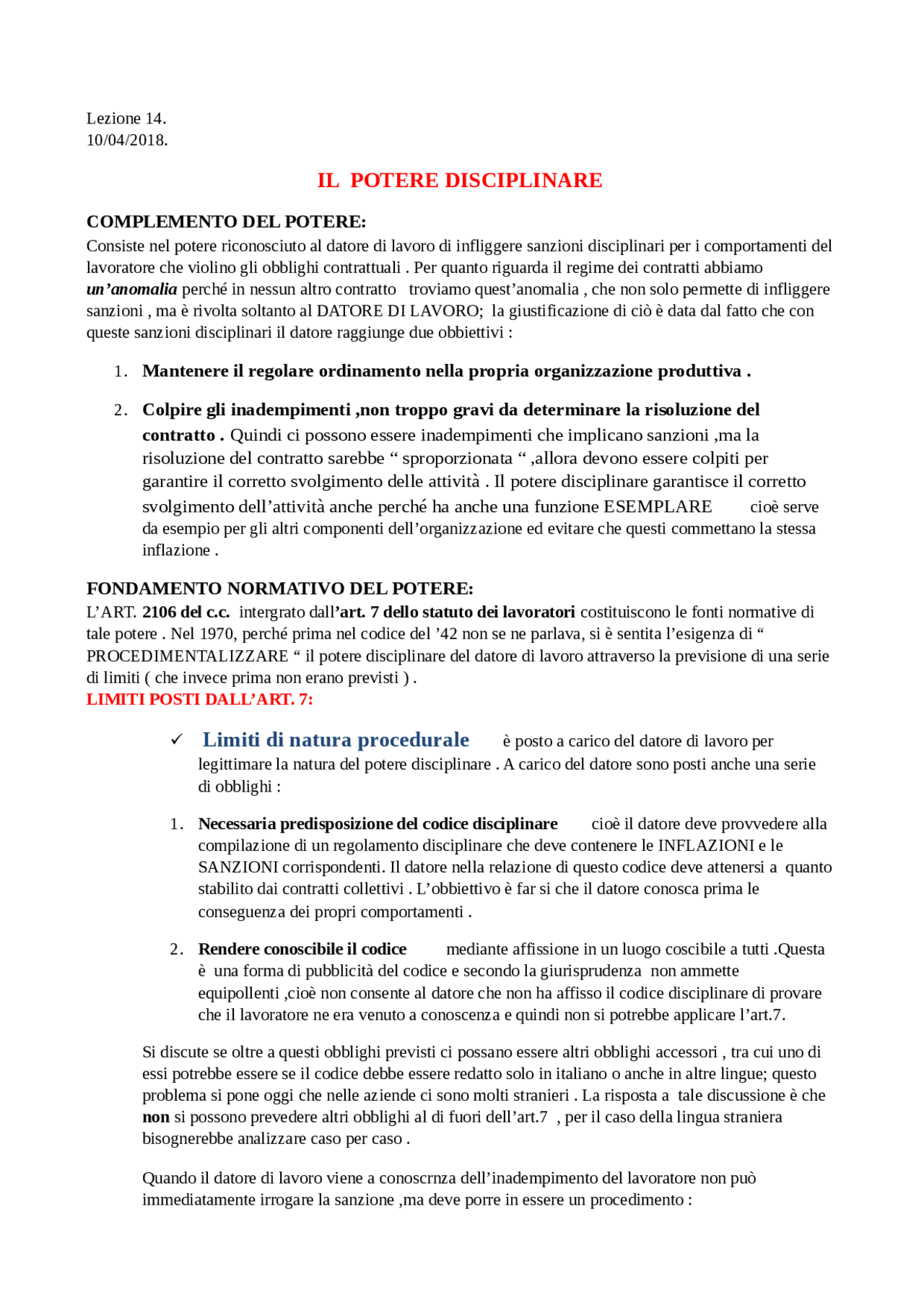 Potere disciplinare, complemento del potere - Docsity