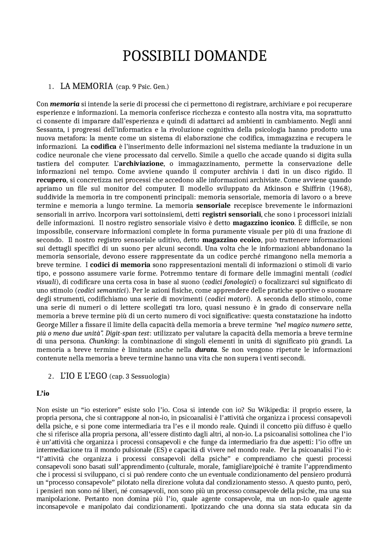 Domande Esame Psicologia Generale Docsity