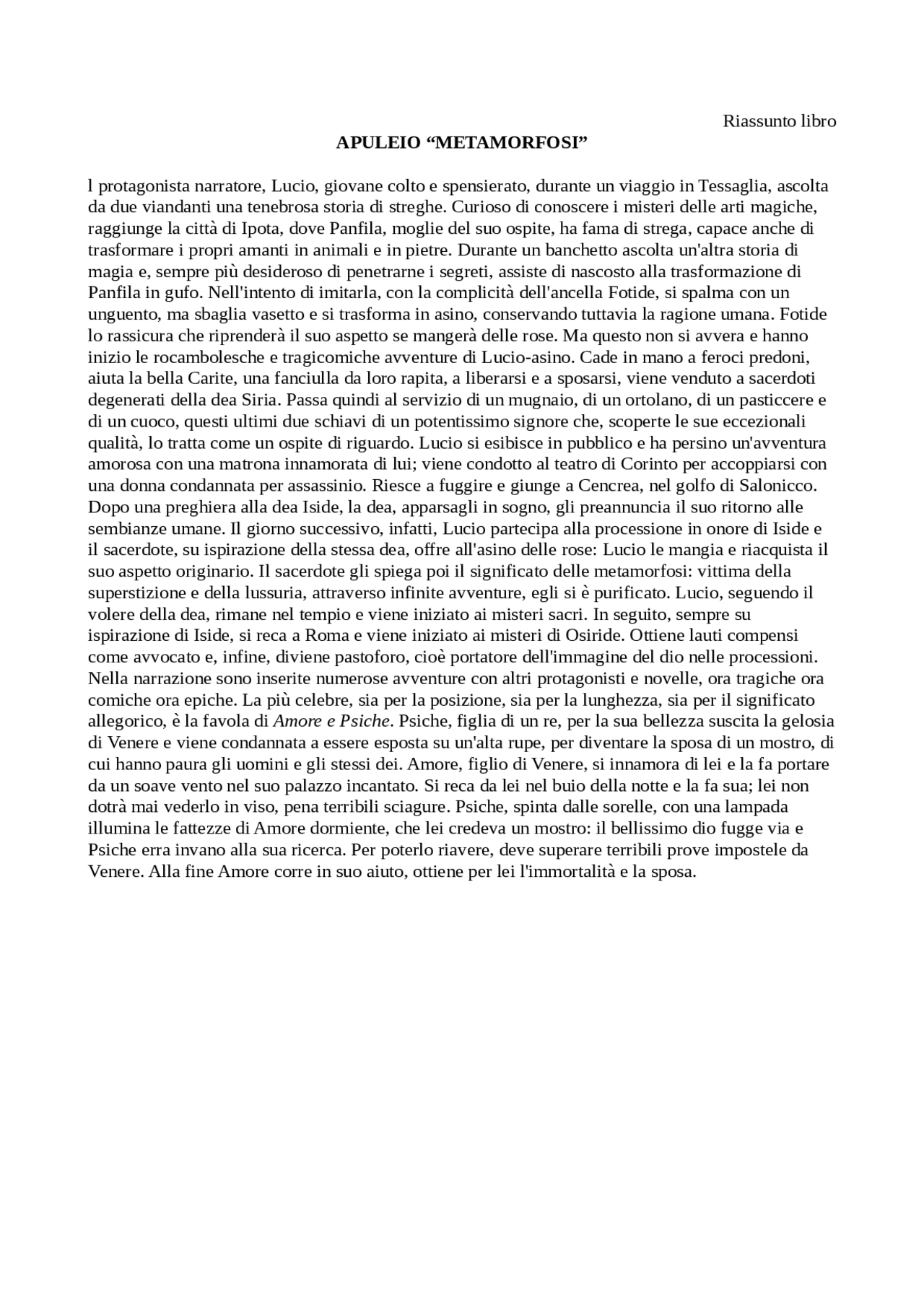 Apuleio Metamorfosi Sintesi In Una Sola Pagina Dellintero Libro Docsity