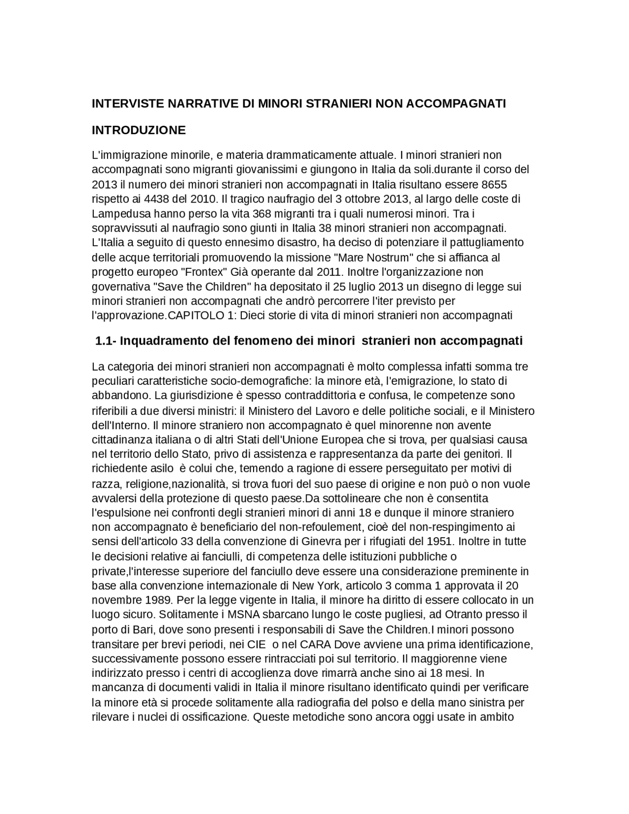 Interviste Narrative Di Minori Stranieri Non Accompagnati Della Penna