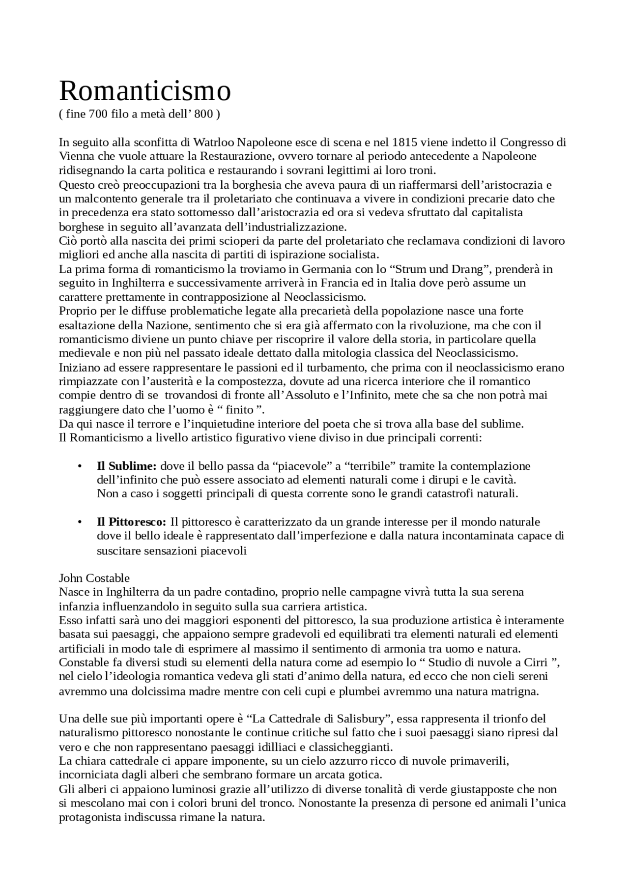 Romanticismo Sublime Pittoresco Docsity