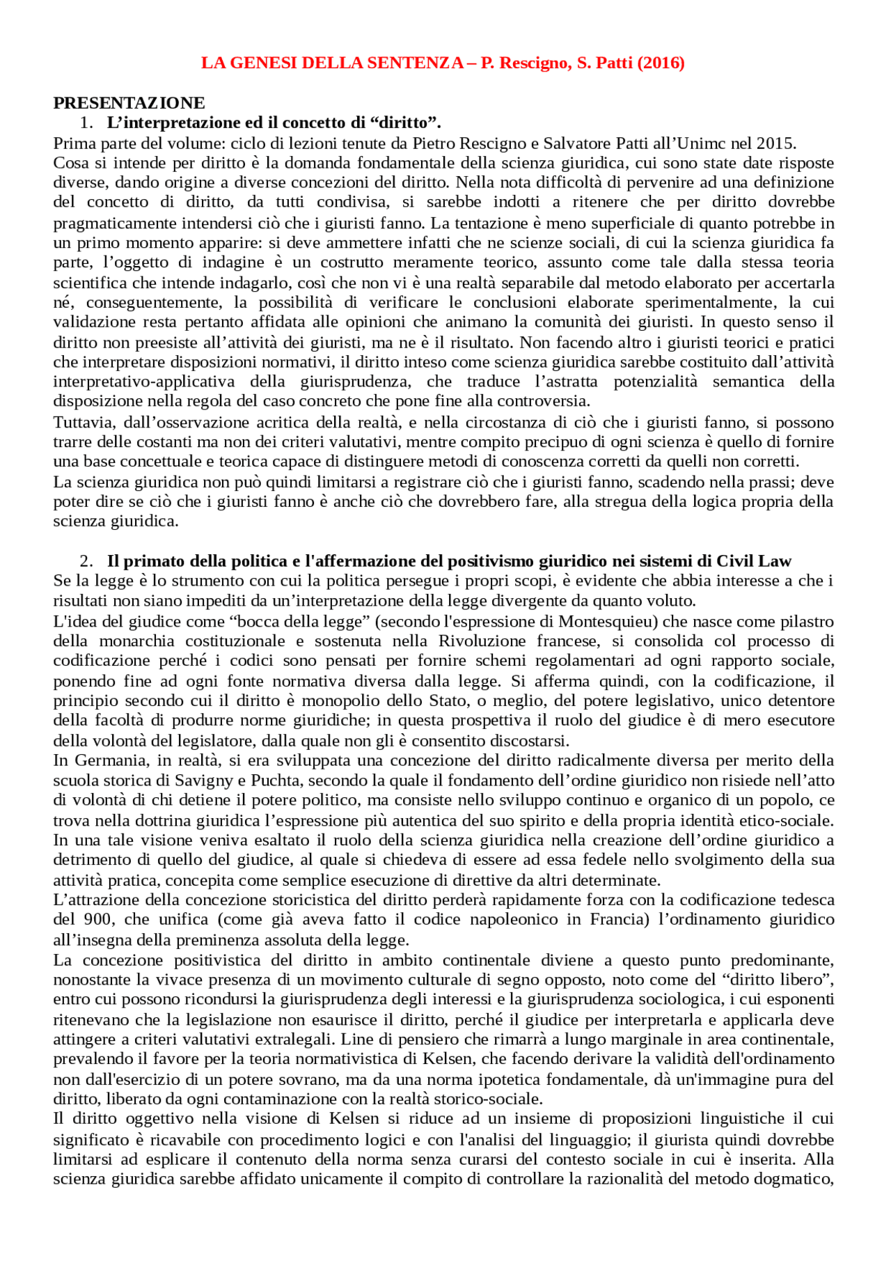 Riassunto La Genesi Della Sentenza Rescigno Patti Docsity