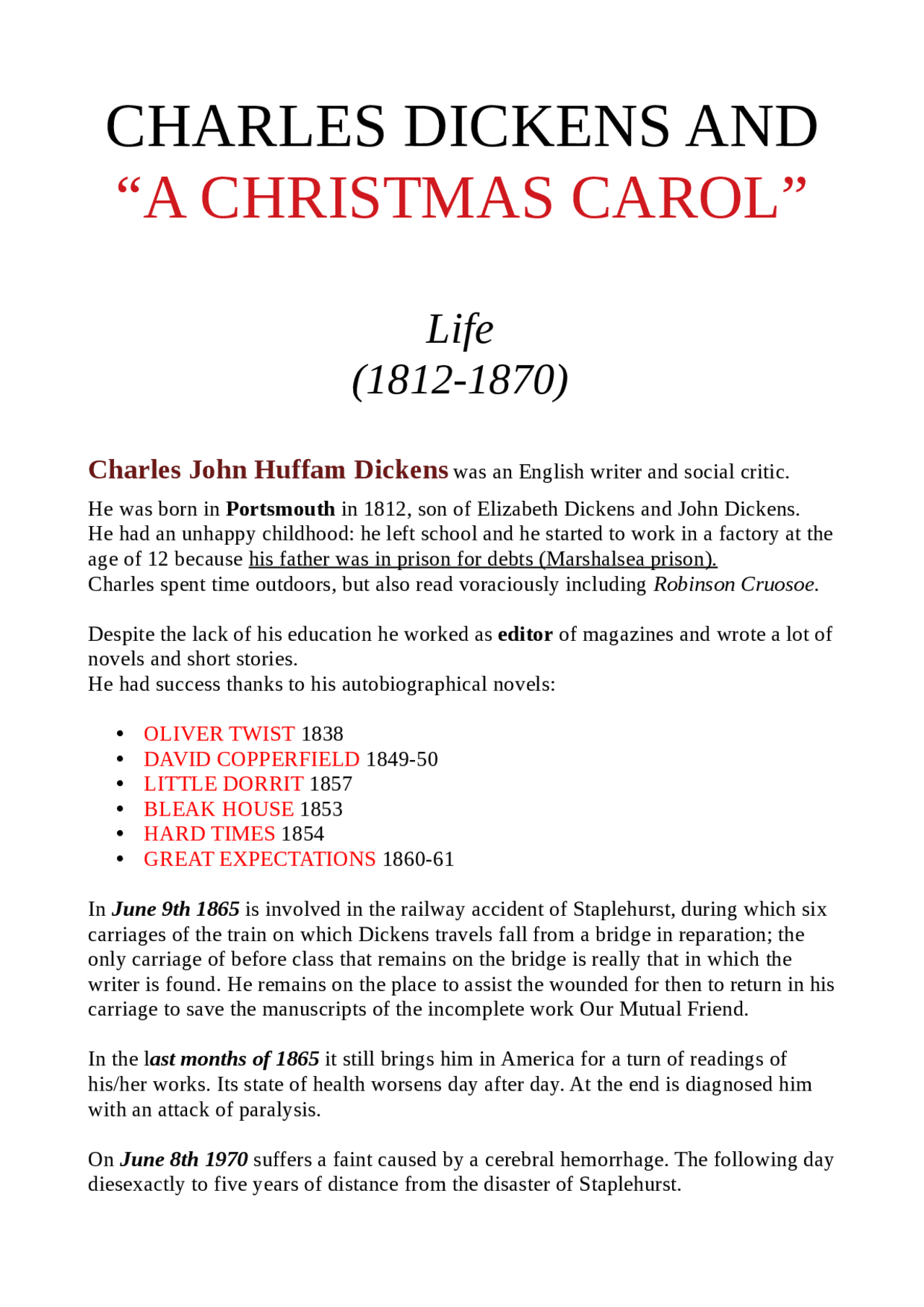 Charles Dickens and "A Christmas carol" - Docsity