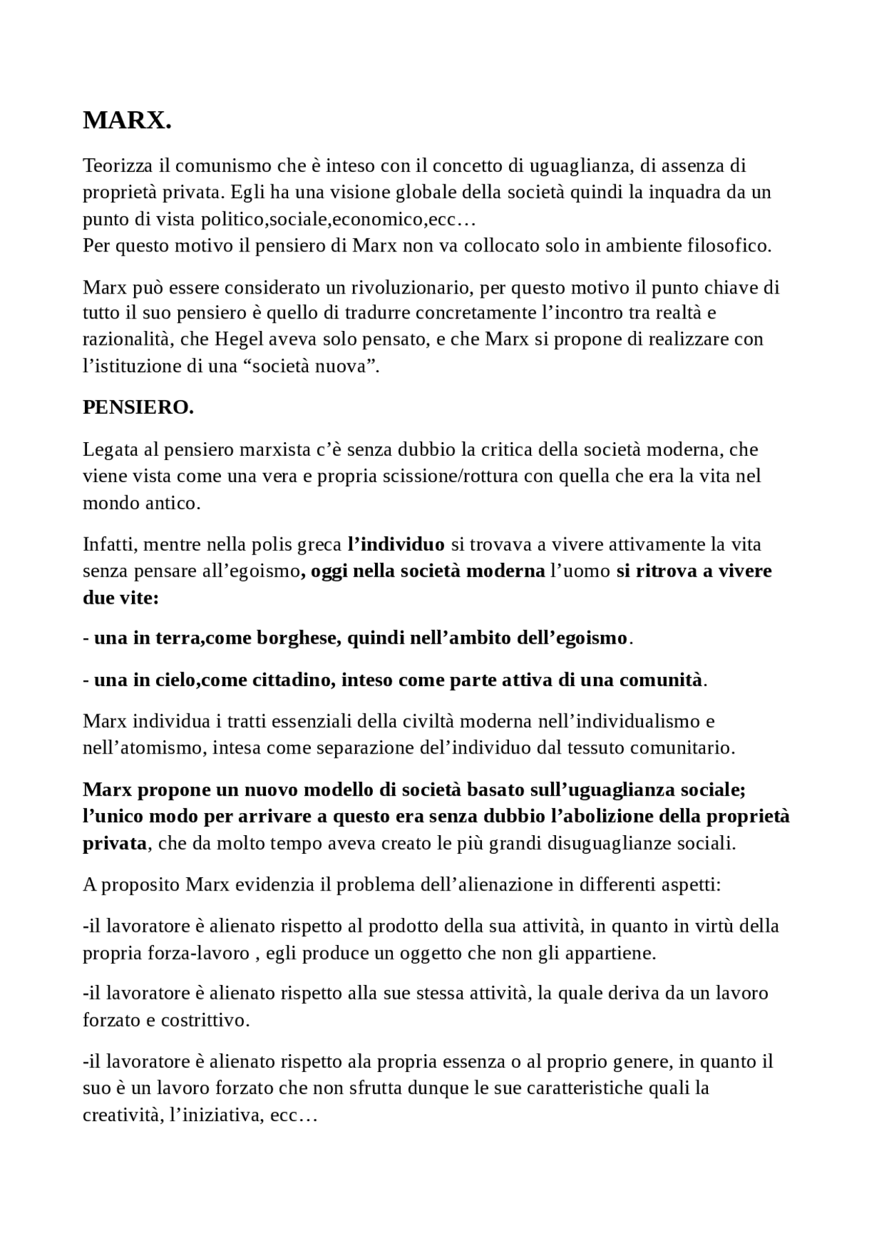 Marx Sintesi Di Filosofia Docsity