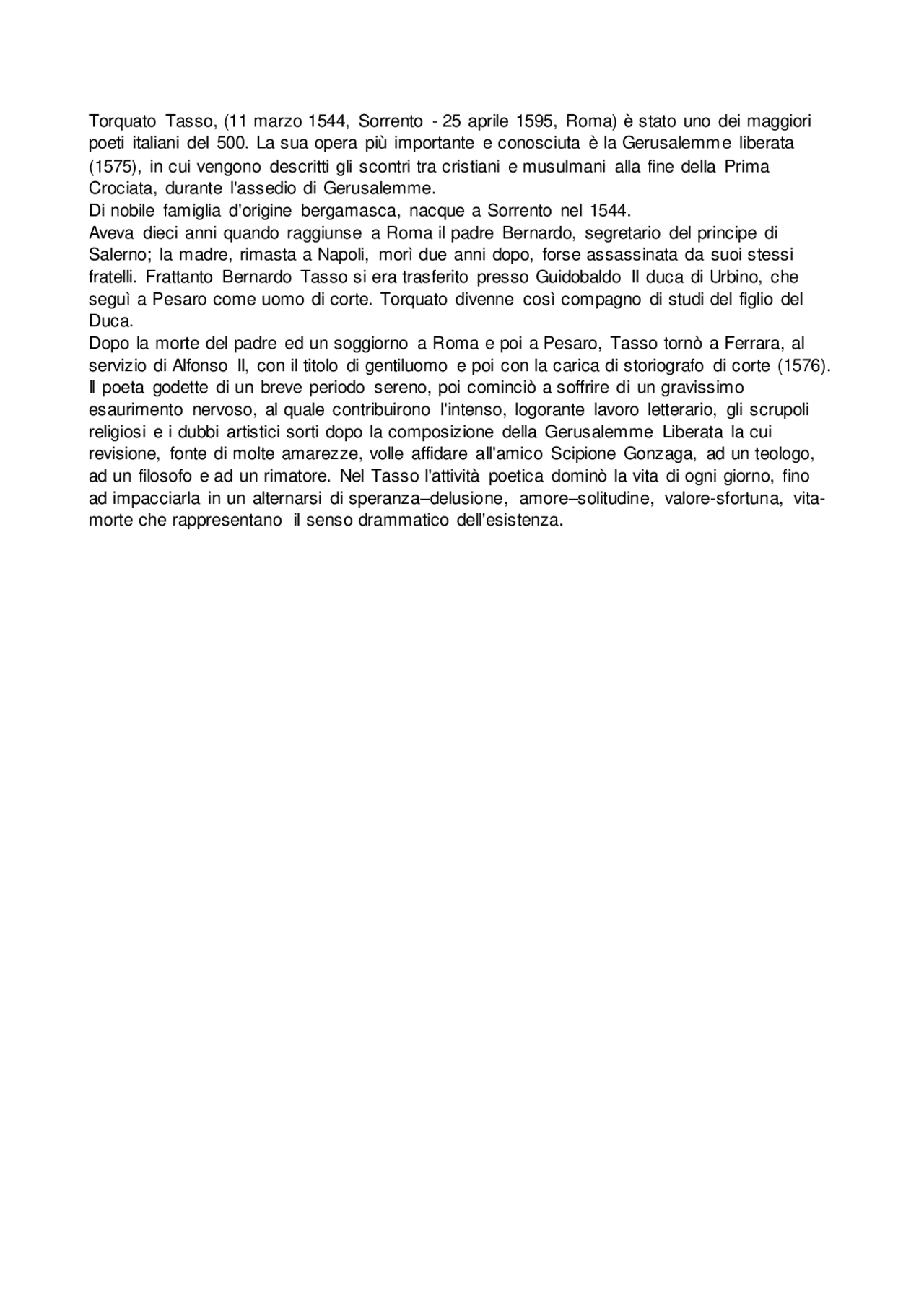Torquato Tasso Vita Docsity