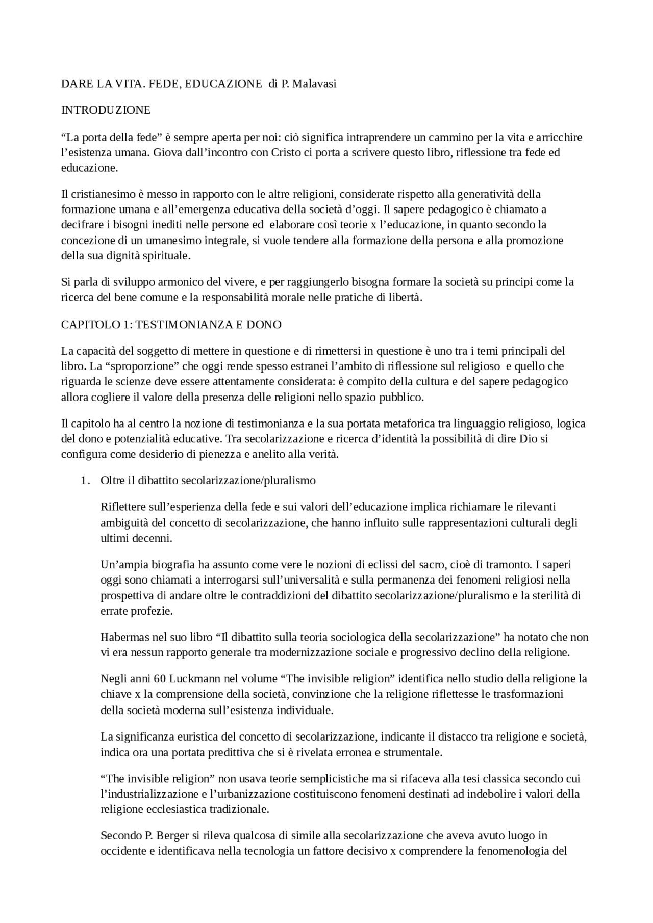 Dare La Vita Malavasi Docsity