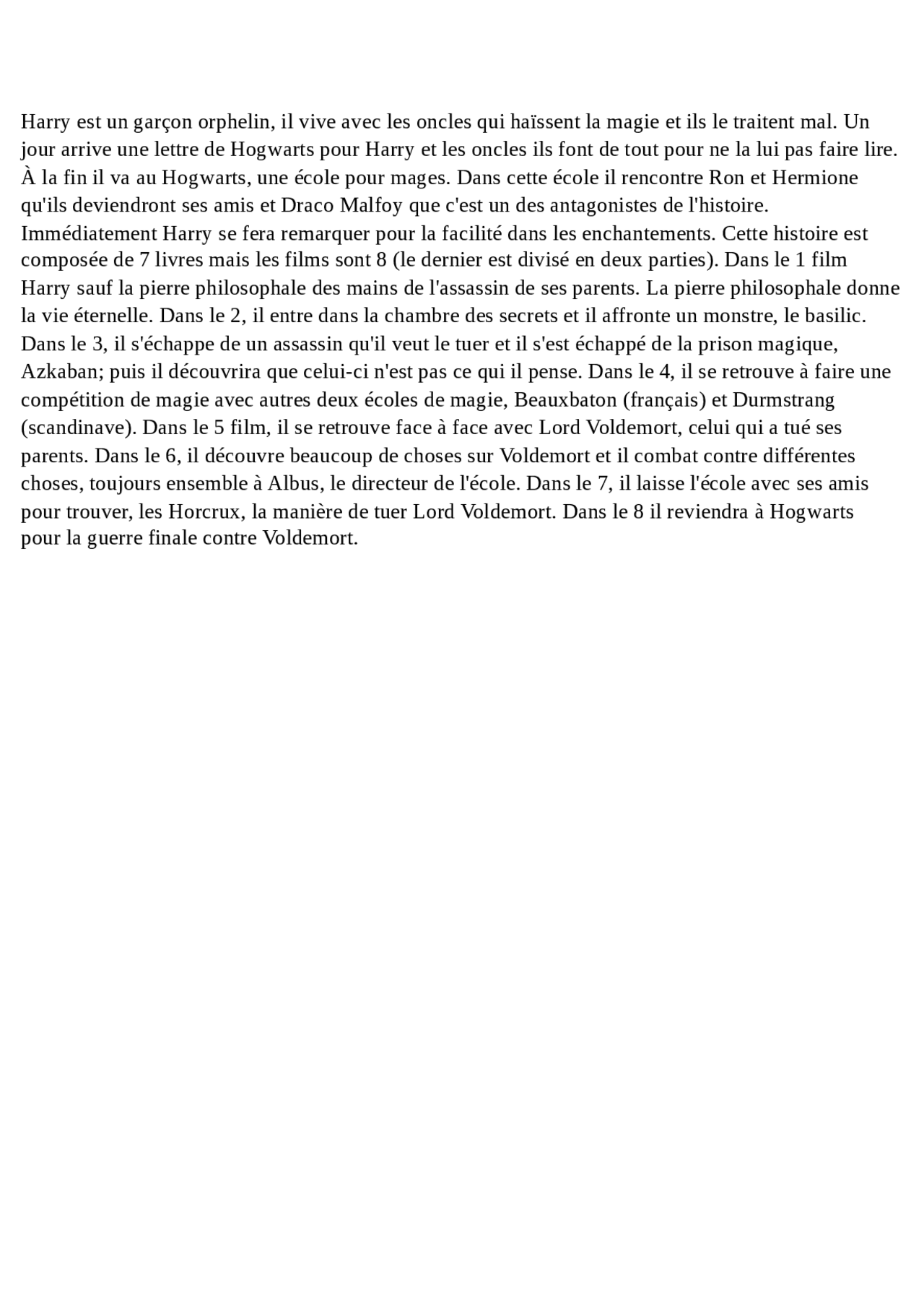 Harry Potter - spiegazione in Francese | Appunti di Francese | Docsity