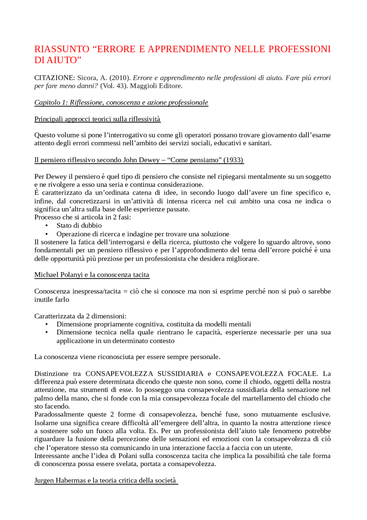 Riassunto Errore E Apprendimento Nelle Professioni Di Aiuto Docsity