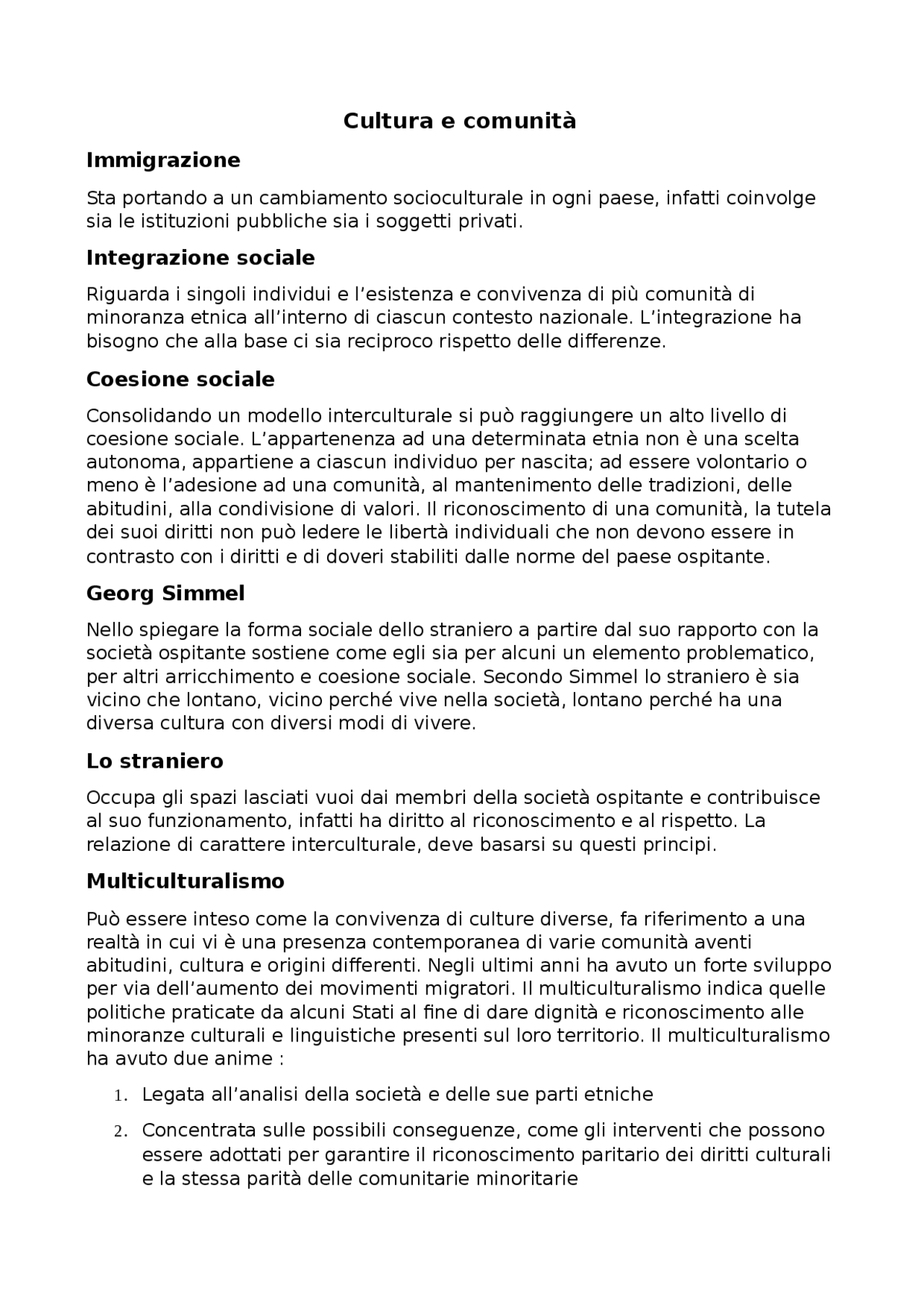 Culture e comunità, multiculturalismo - Docsity