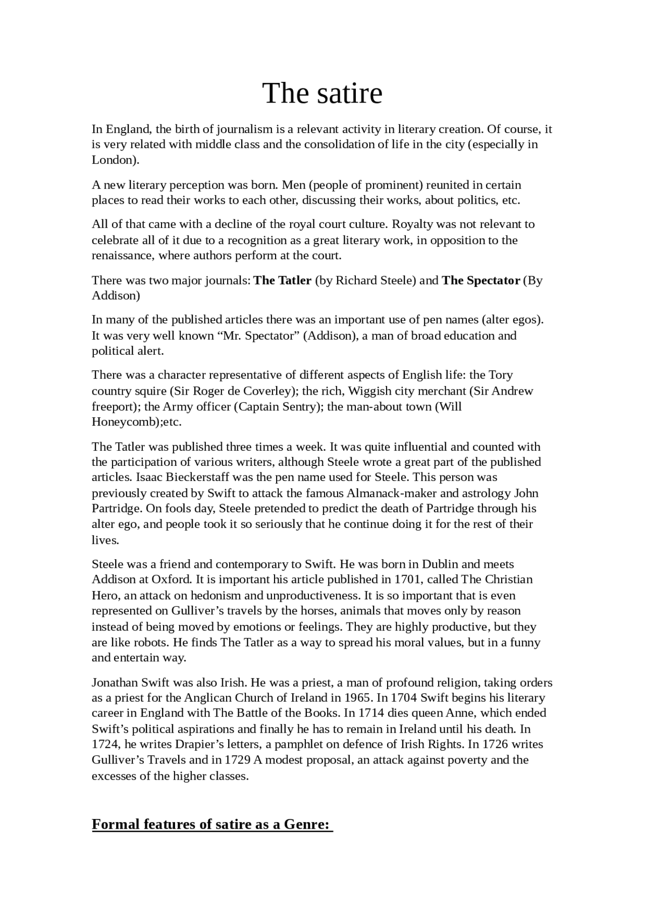 The english satire, background - Docsity