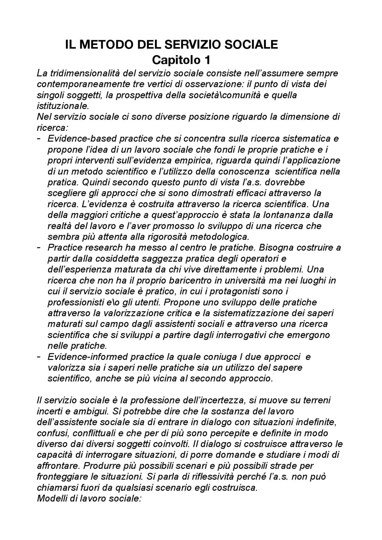 Il Metodo Del Servizio Sociale Docsity