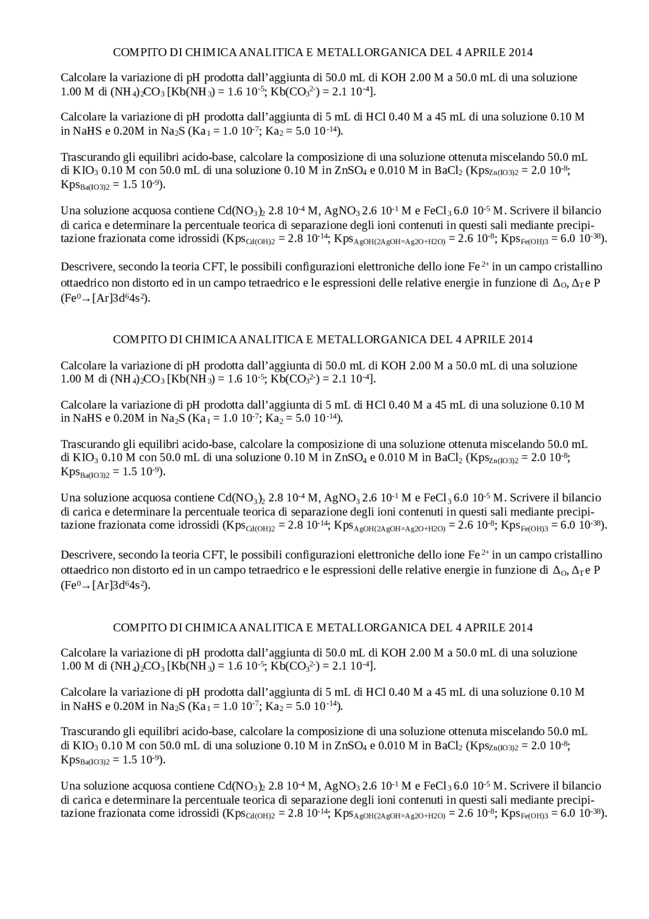 Compiti E Teoria Di Chimica Analitica Docsity