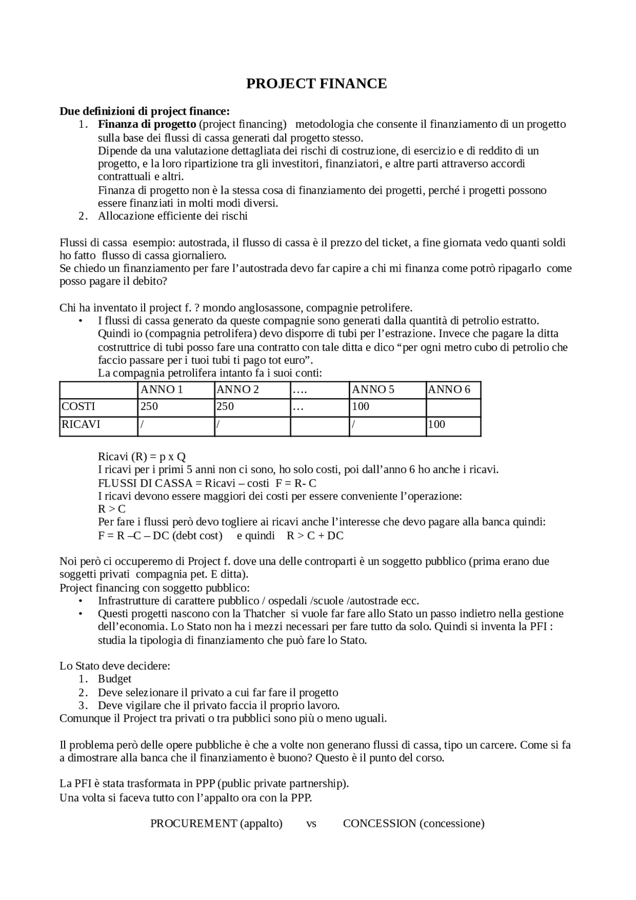 Riassunto Completo Project Finance Docsity