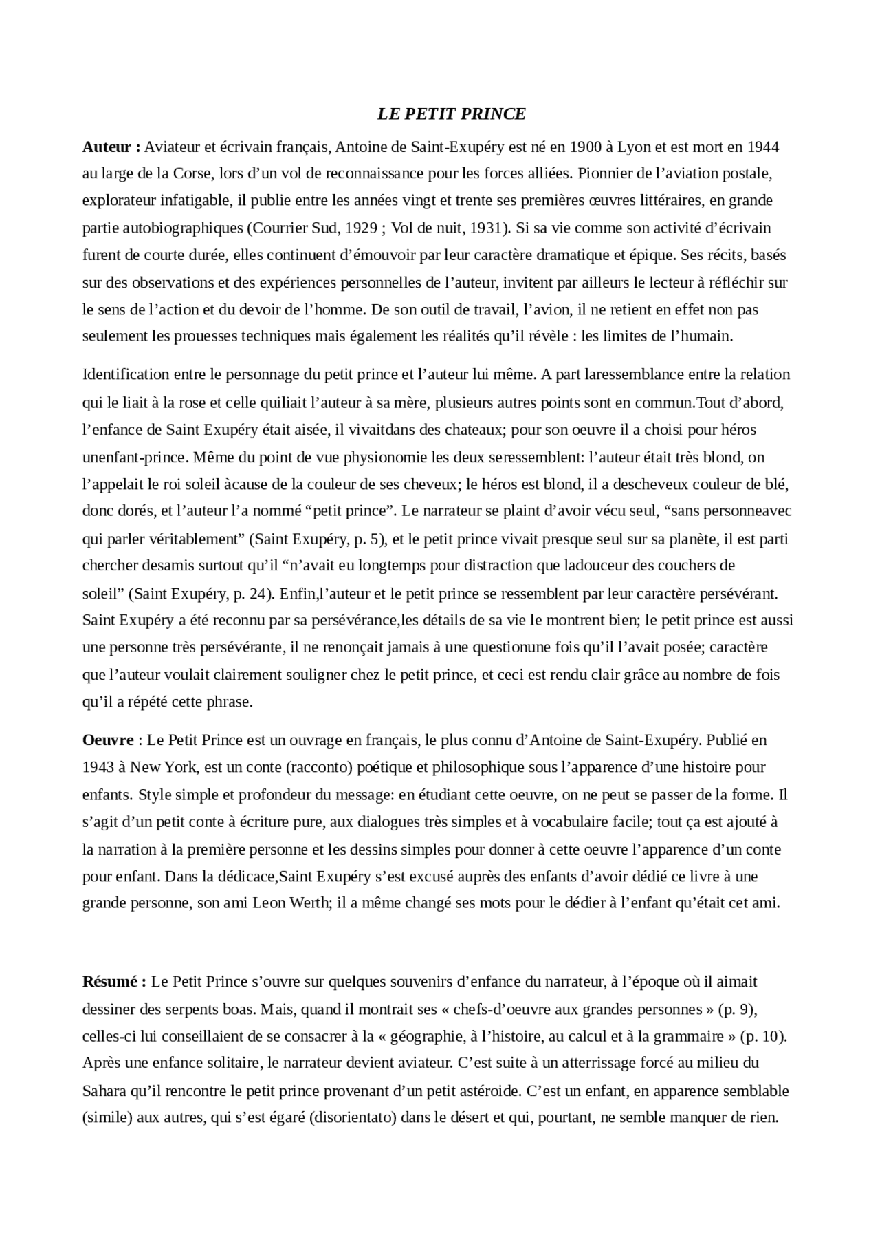 Le petit prince (auteur, résumé, personnages, thèmes principaux) - Docsity