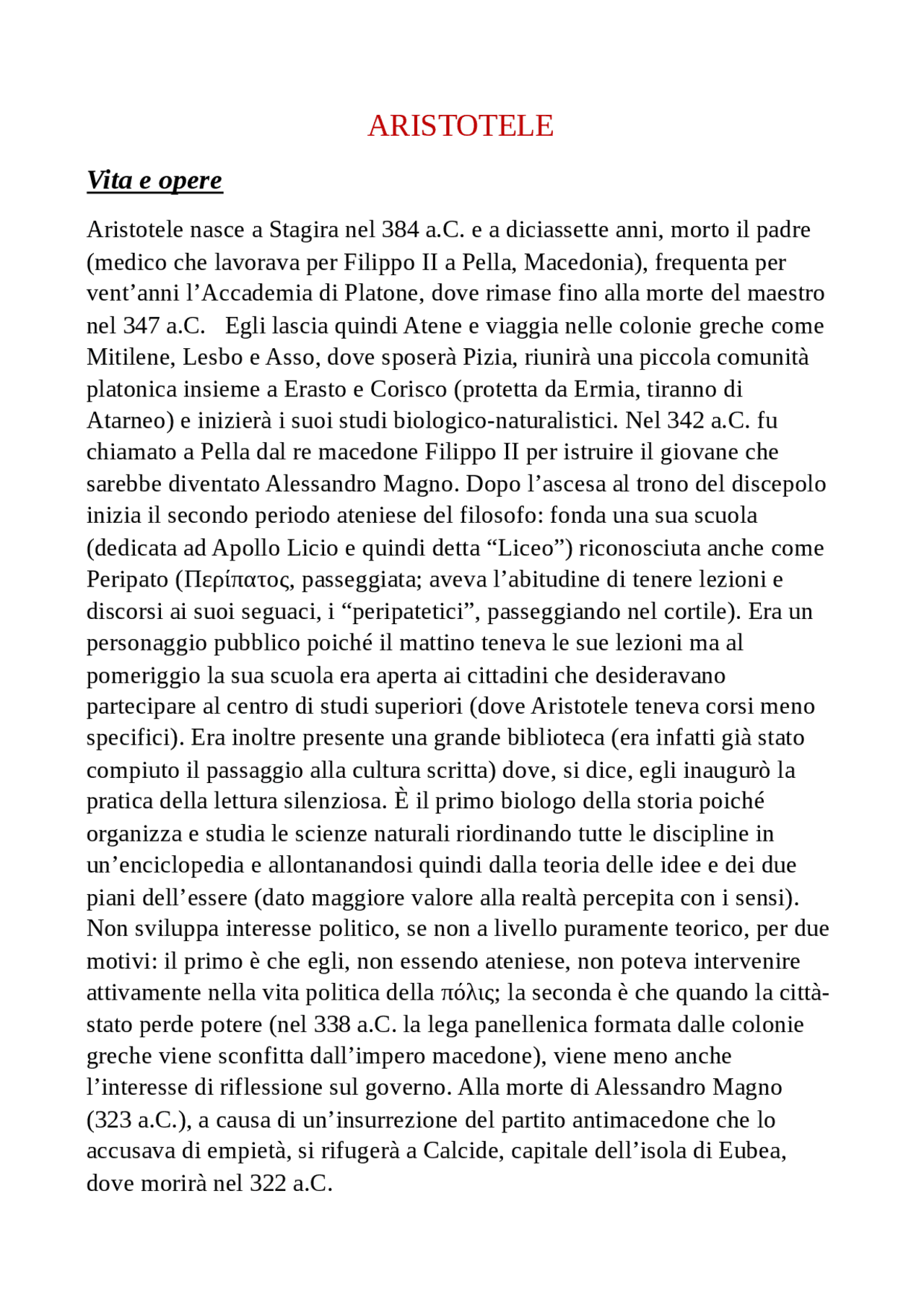 Riassunto Aristotele Docsity