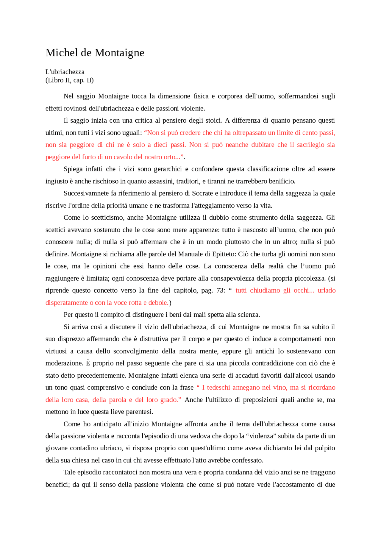 Riassunto Saggio Di Montaigne Dellubriachezza Docsity