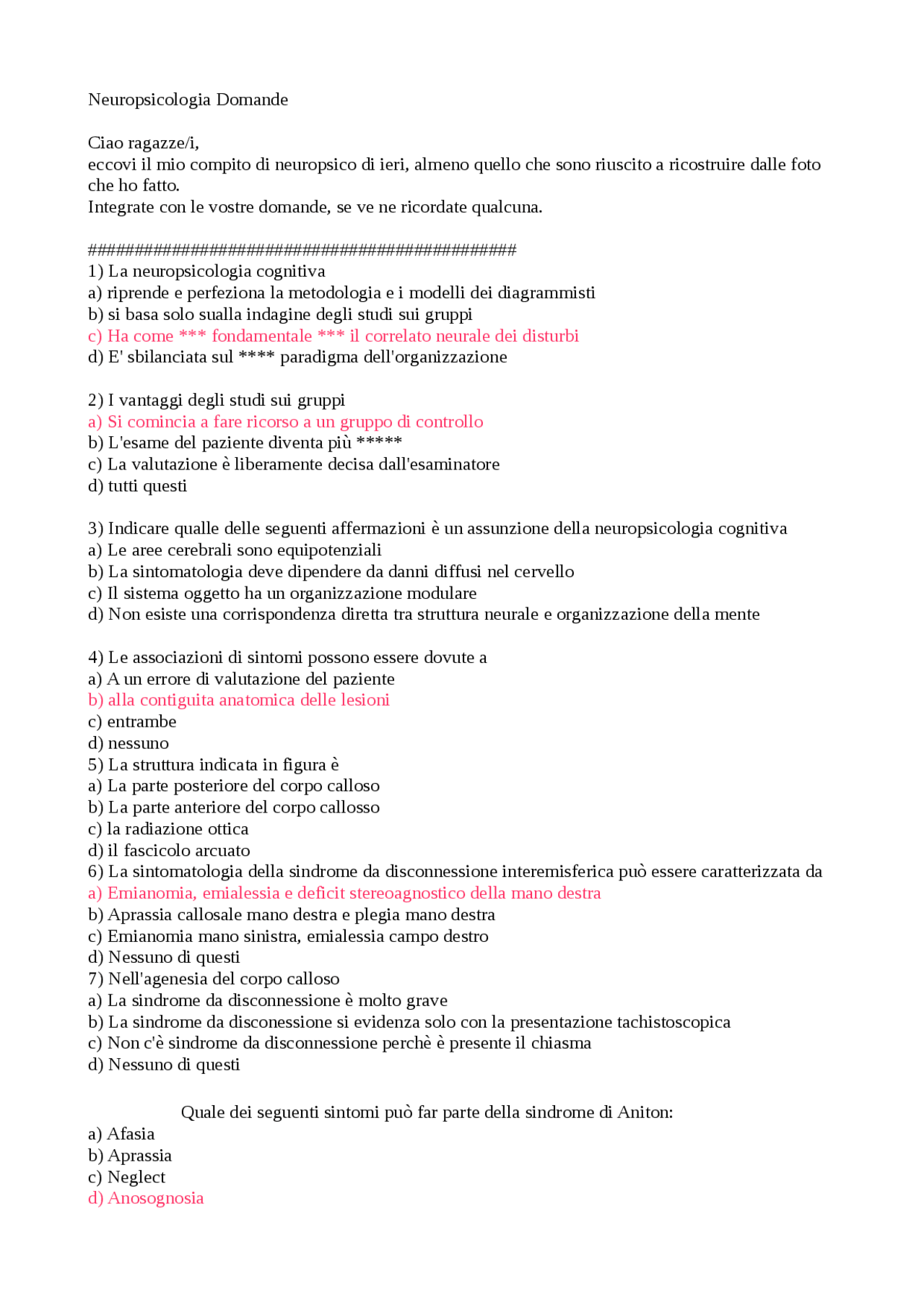 Domande Neuropsicologia Prove Desame Di Neuropsicologia Docsity