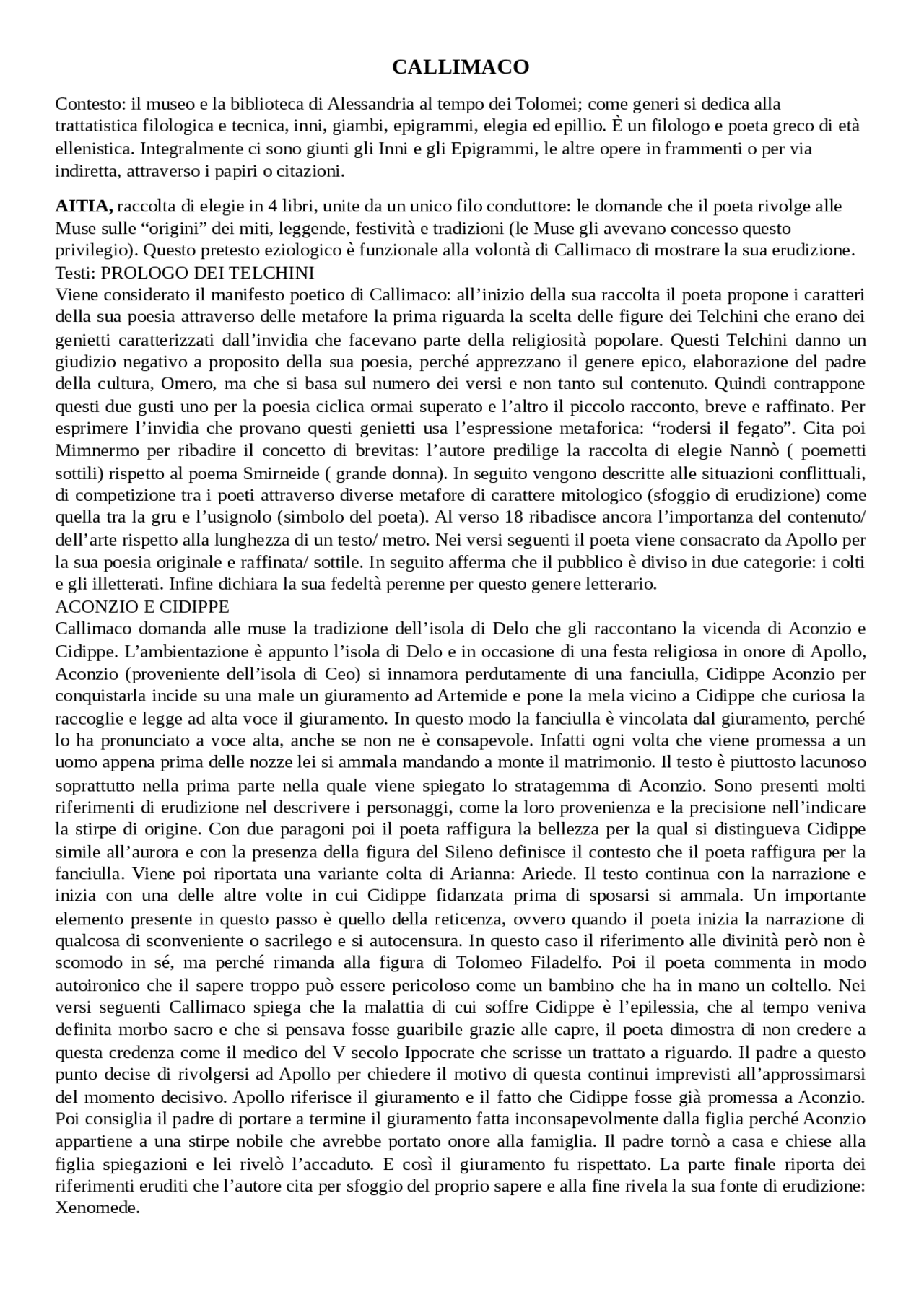 Callimaco Riassunto Delle Opere Docsity