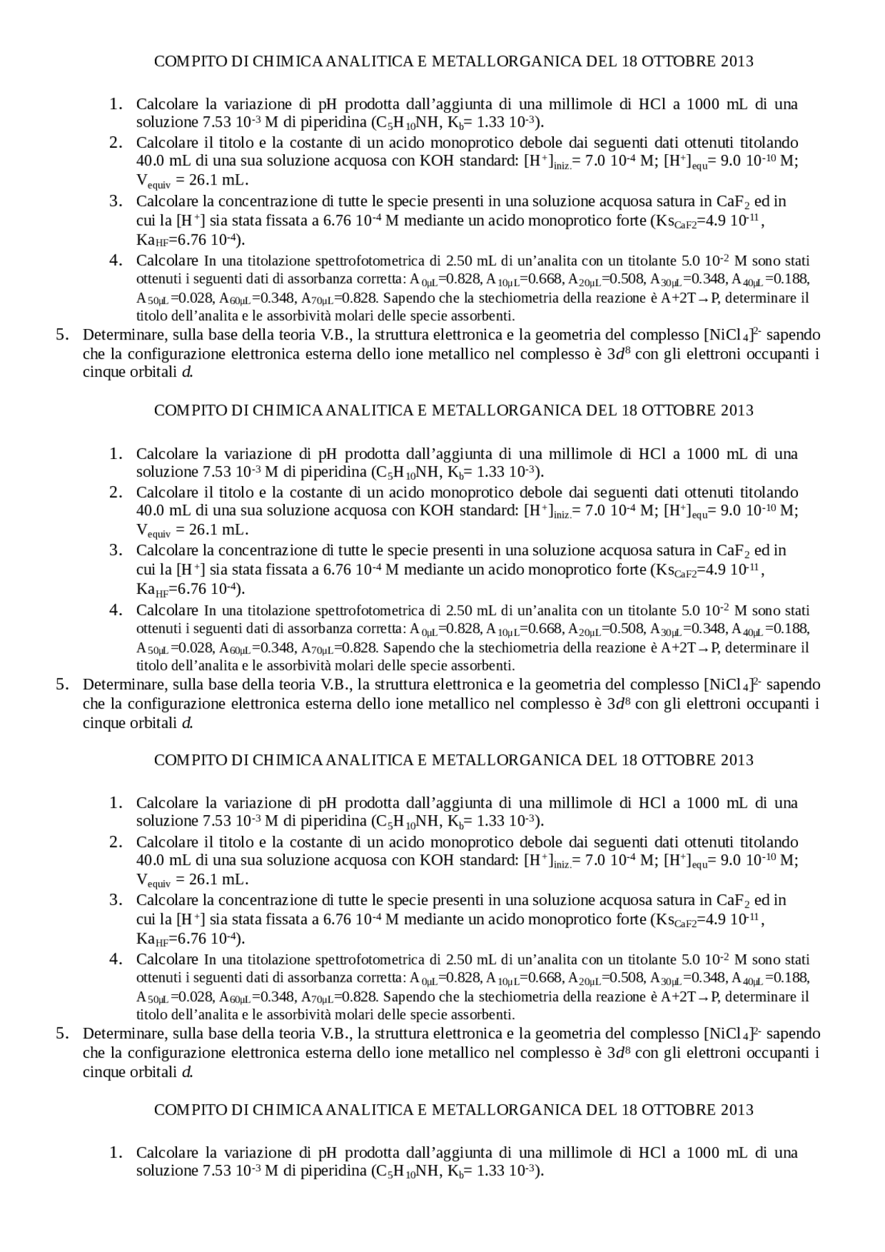 Compiti E Teoria Di Chimica Analitica Docsity