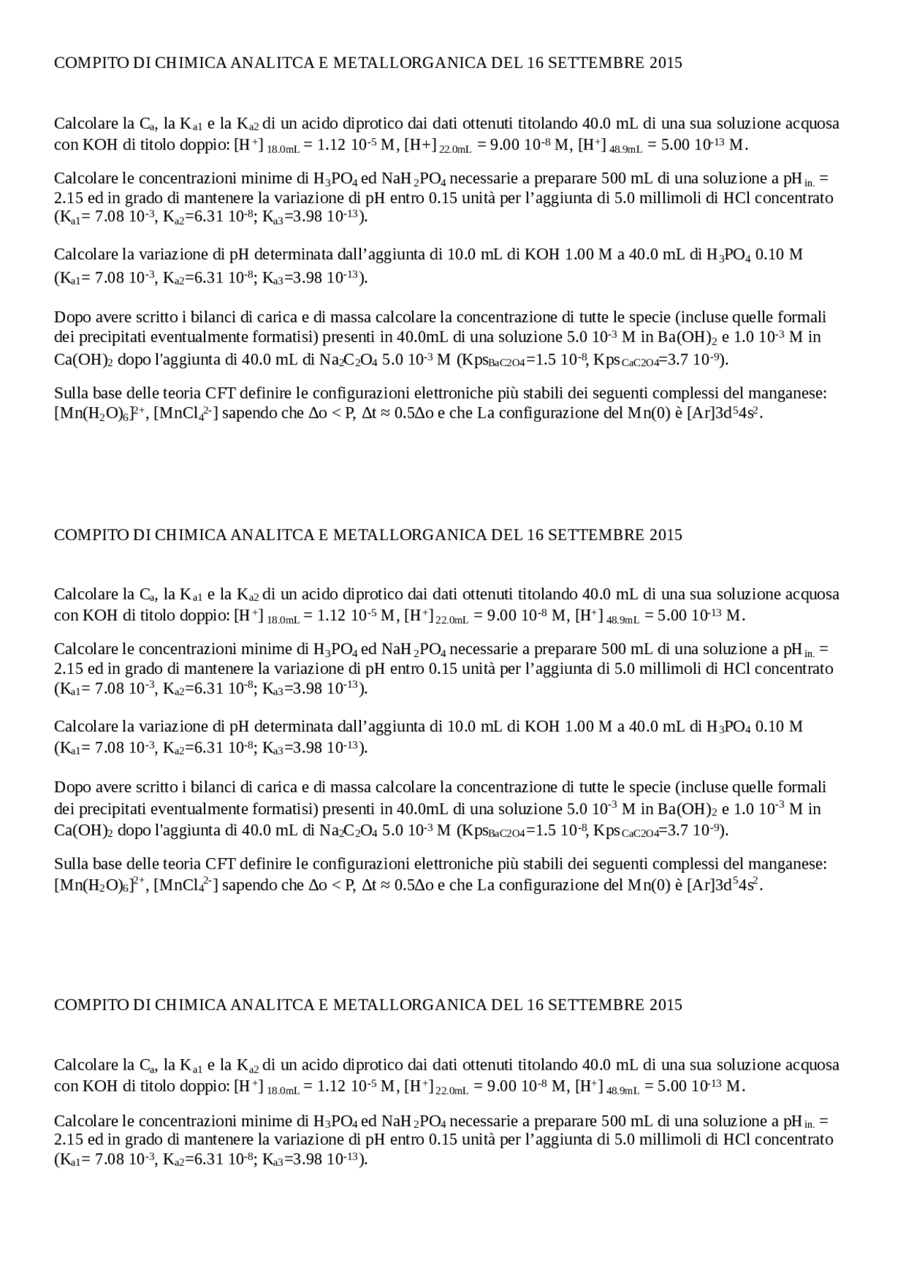 Compiti E Teoria Di Chimica Analitica Docsity