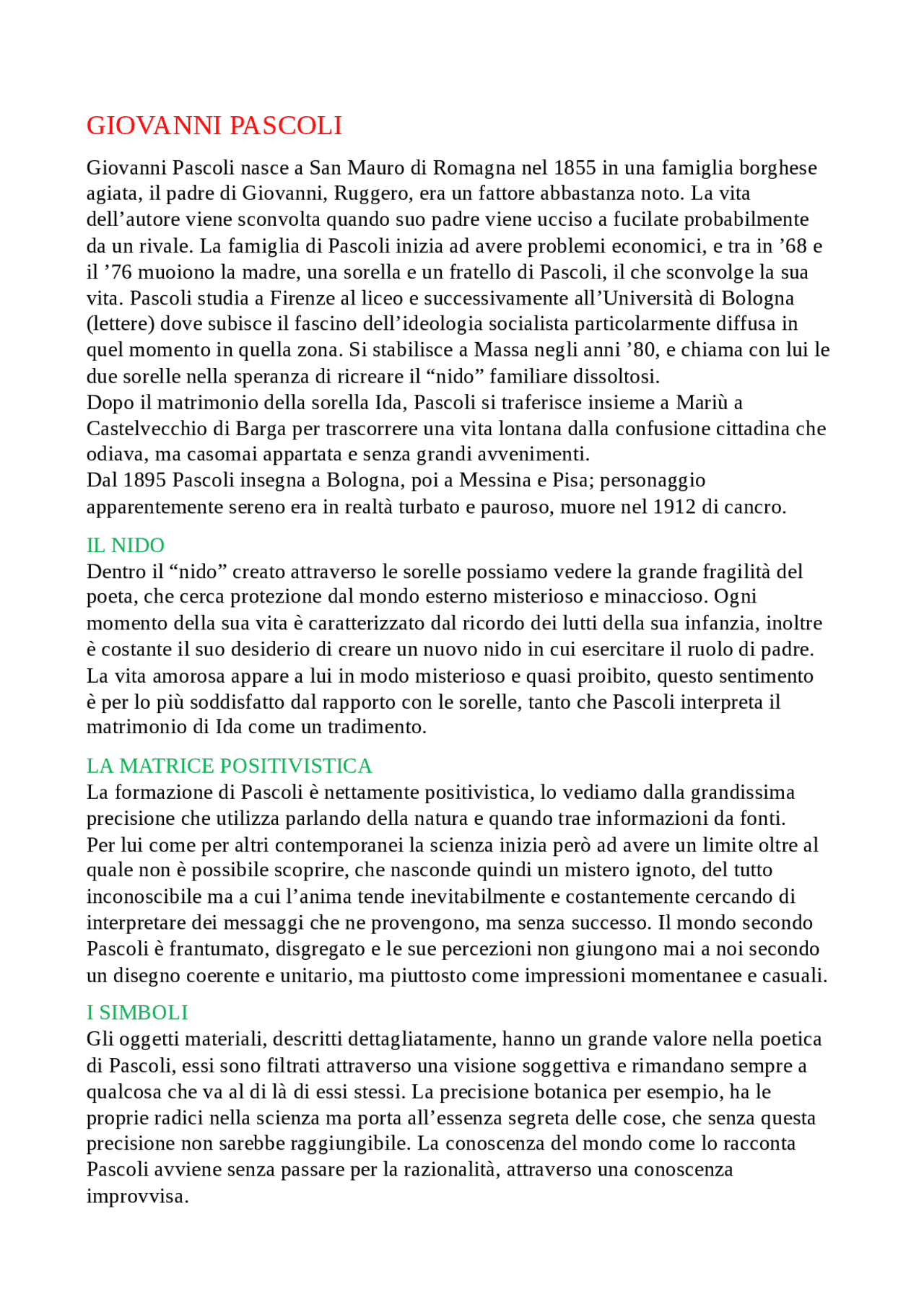 Riassunto Principali Poesie E Testi Di Giovanni Pascoli Docsity