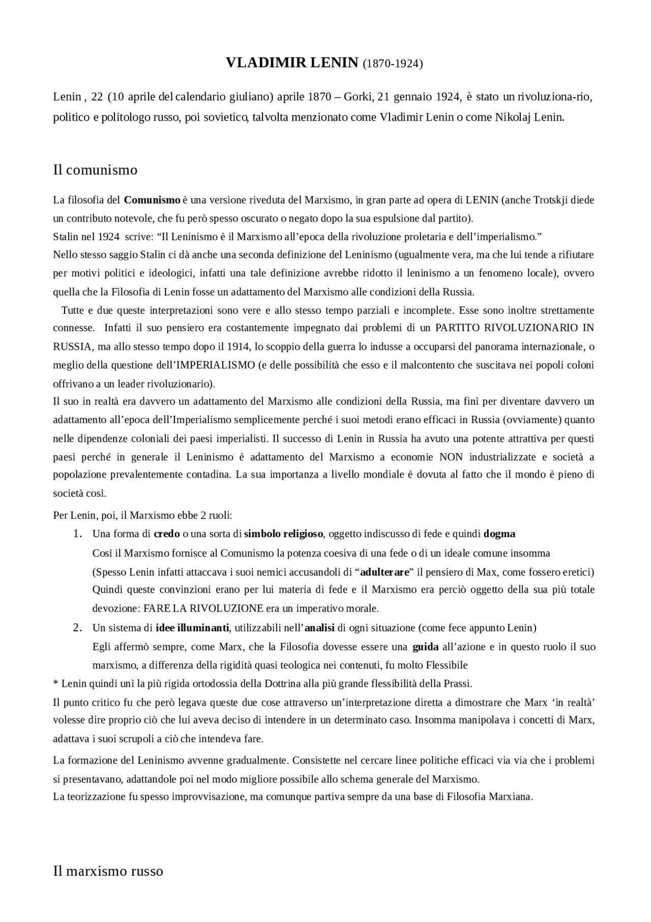 LENIN - Storia delle dottrine politiche di G. H. Sabine - Docsity