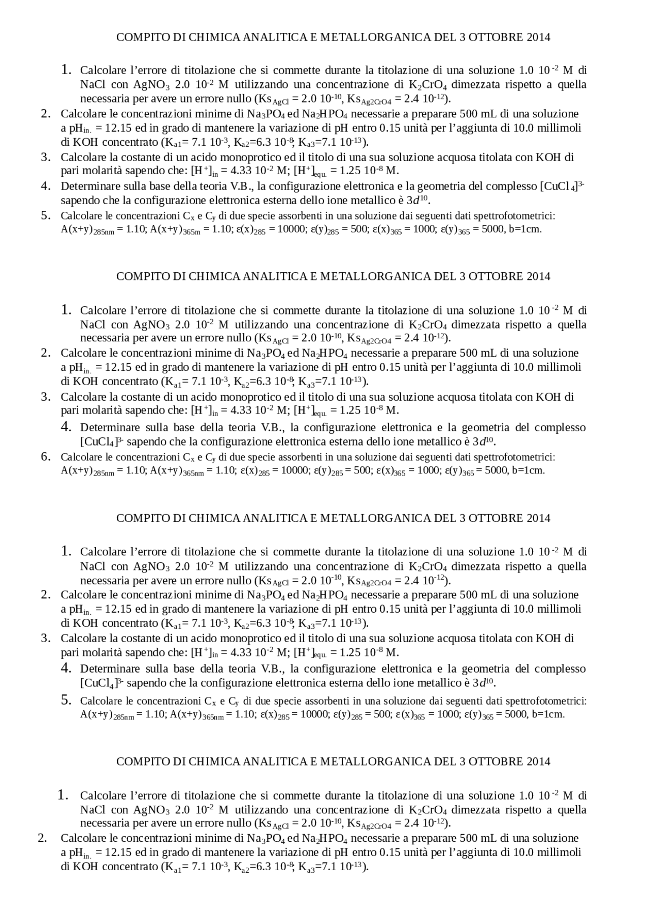 Compiti E Teoria Di Chimica Analitica Docsity