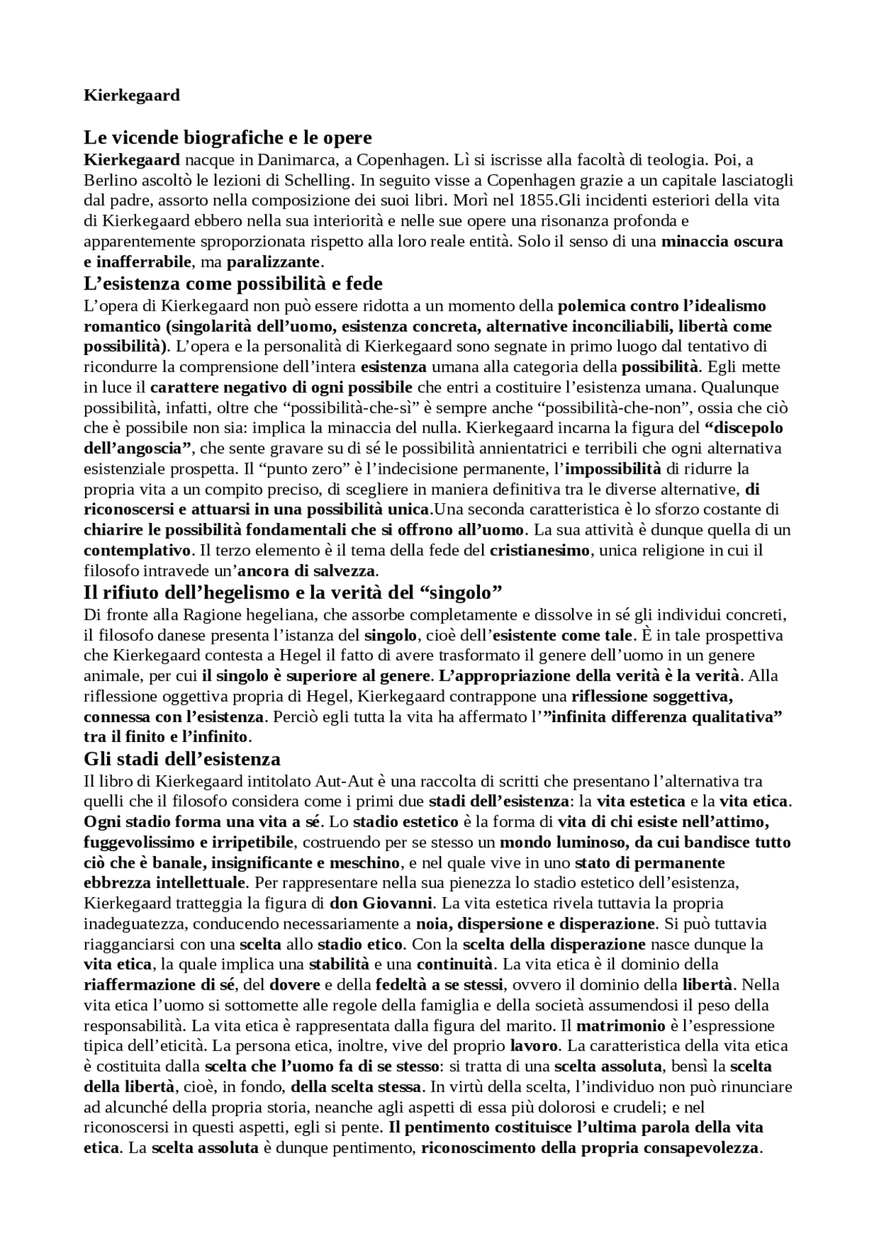 Riassunto Di Kierkegaard Docsity
