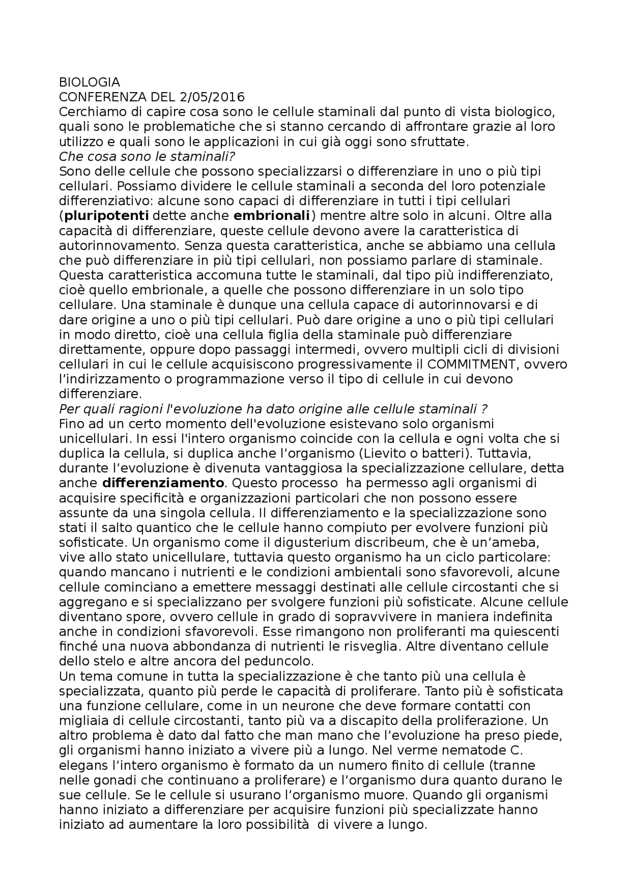 Cellule Staminali Appunti Di Biologia Cellulare Docsity
