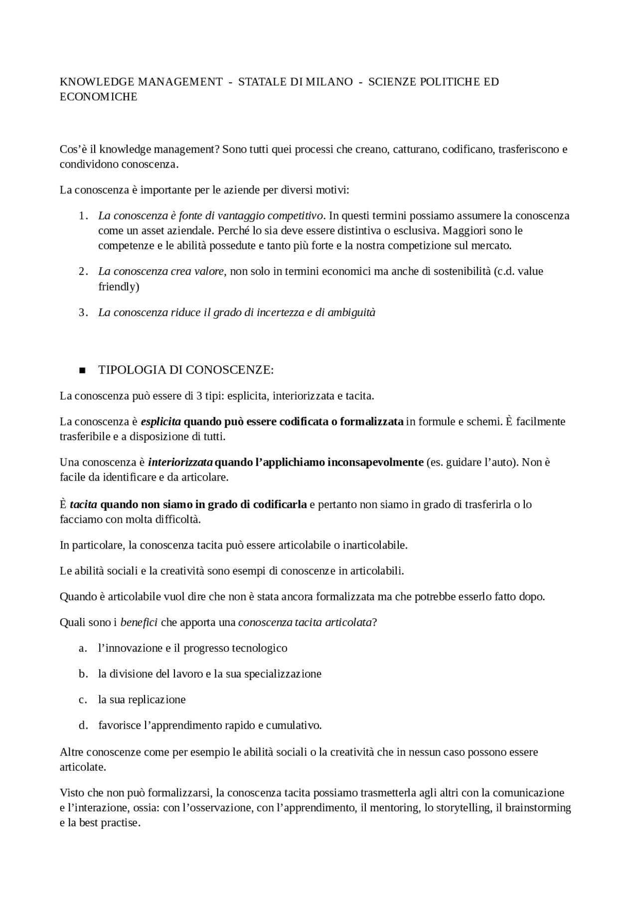 Appunti Knowledge Management Docsity