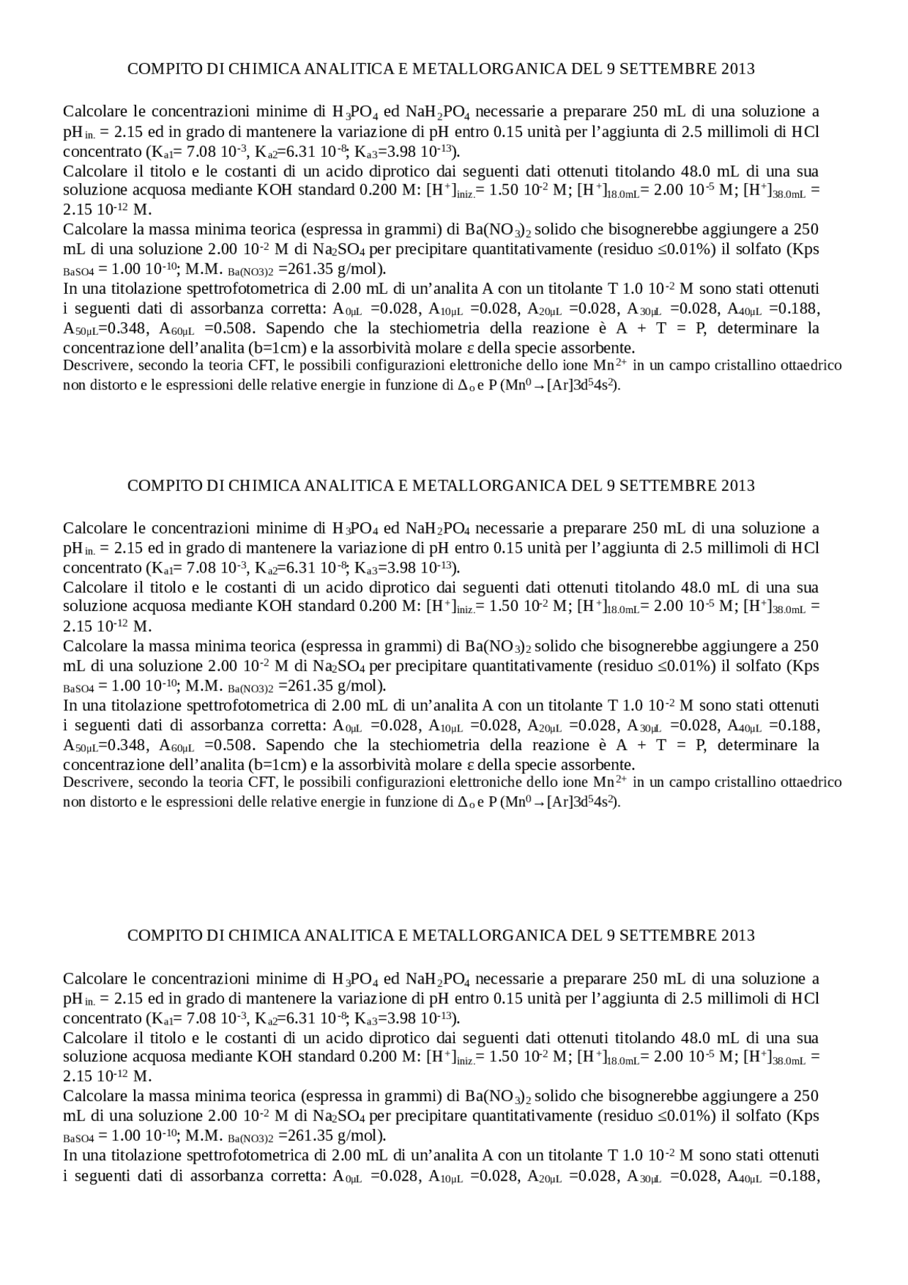 Compiti E Teoria Di Chimica Analitica Docsity